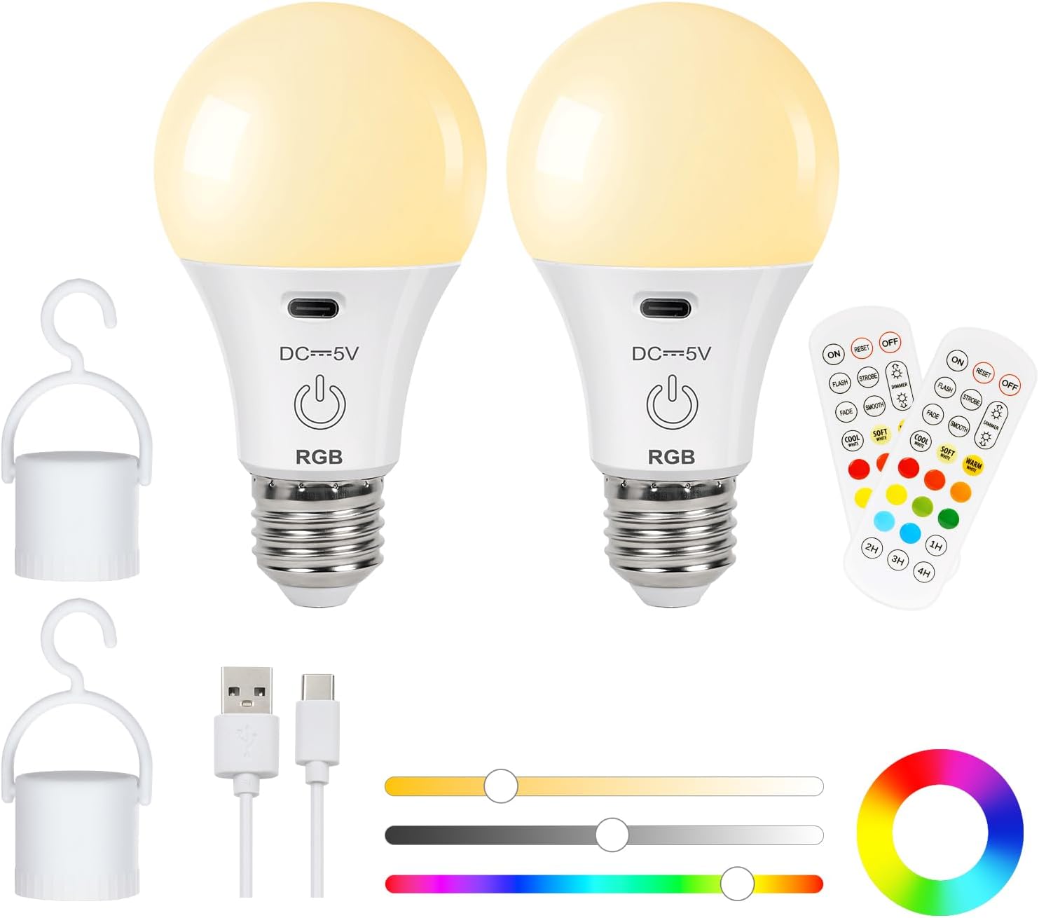 Pack de 2 bombillas recargables, bombillas inteligentes RGB que cambian ...
