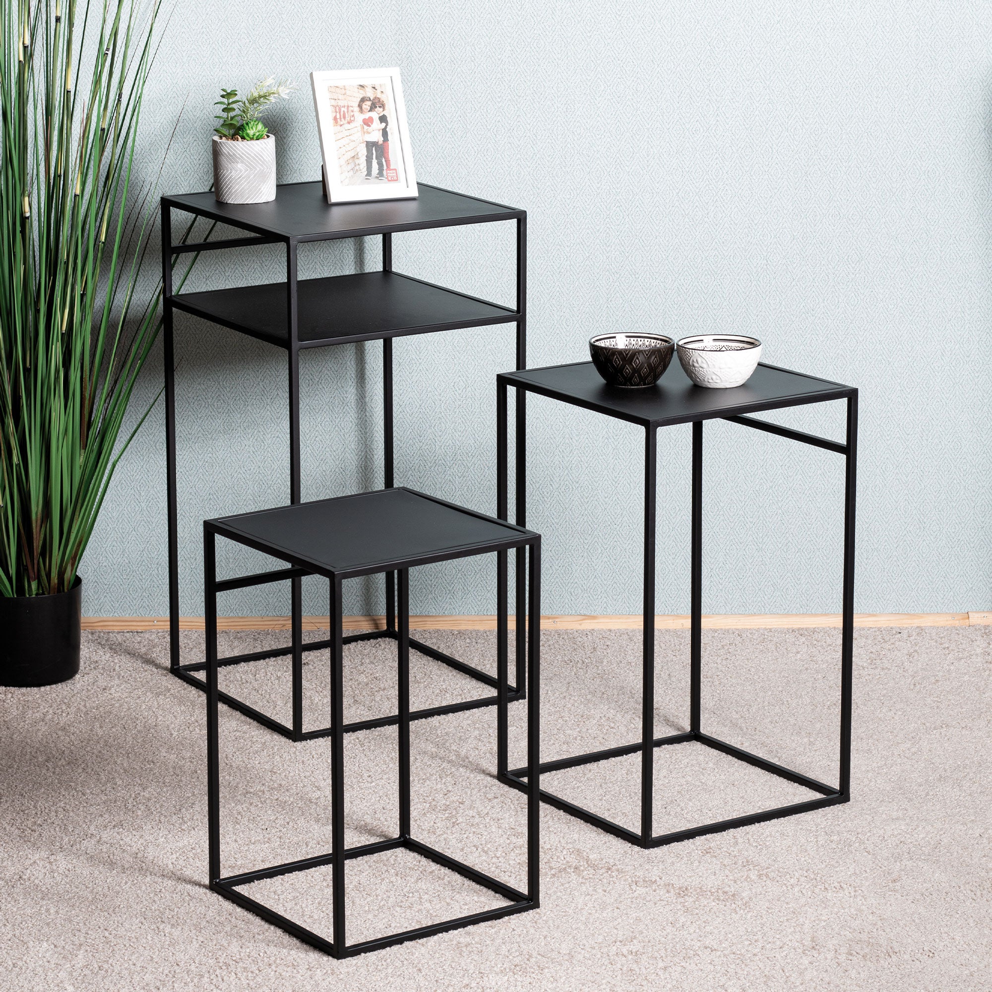 Lot de 3 tables d'appoint 26, 30 et 34 cm en métal noir - MACEIO ...