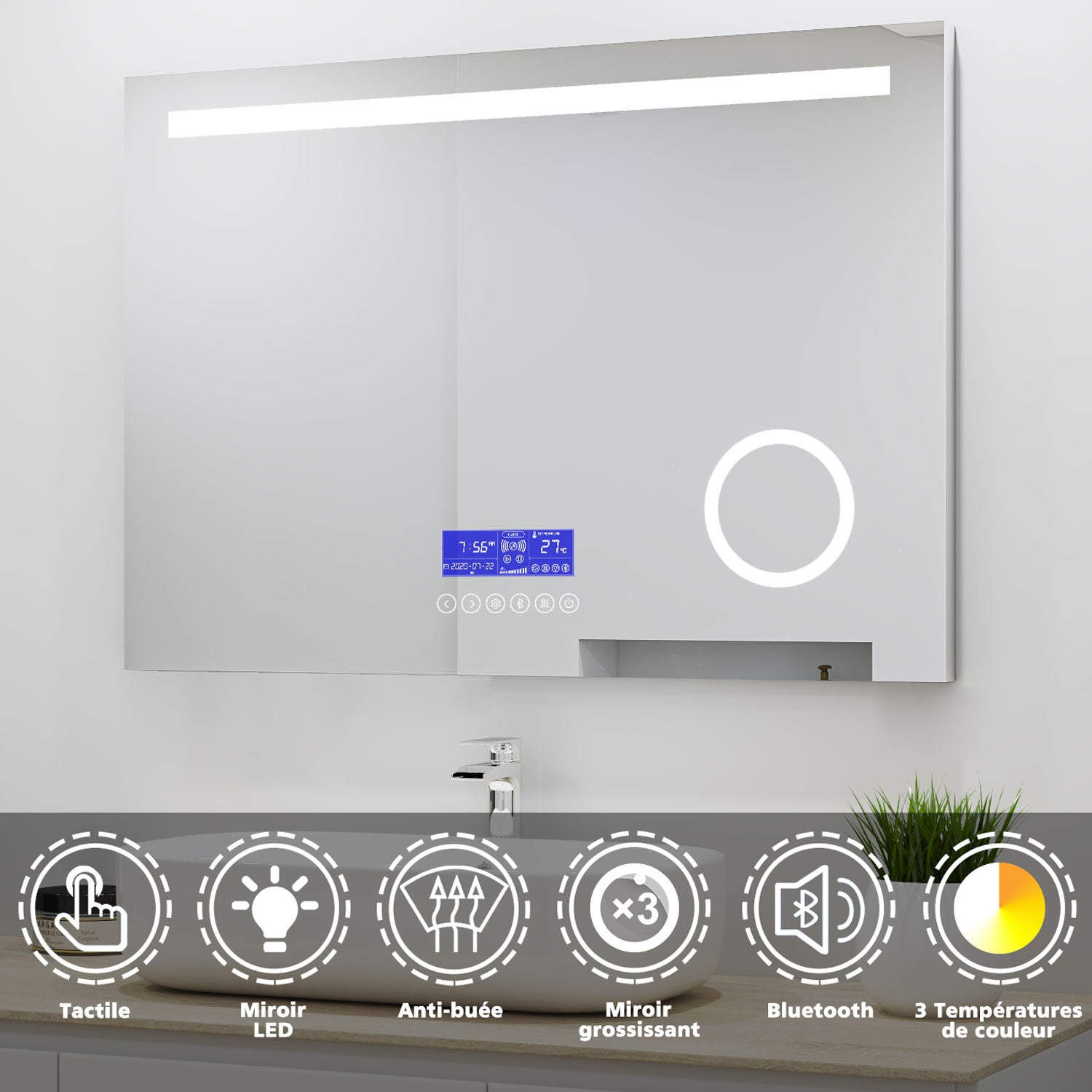 Miroir simple de salle de bain + miroir LED lumineux + 3couleurs ...