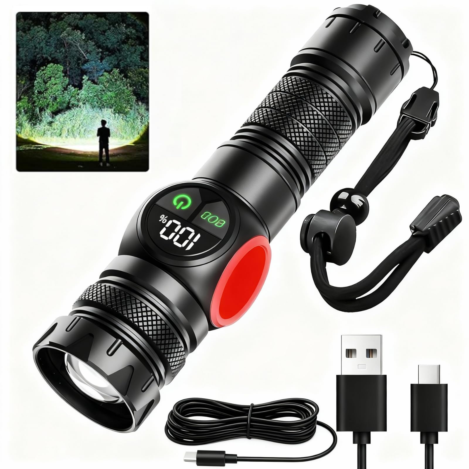Linterna recargable por USB, linterna LED de 30 W, resistente al agua ...