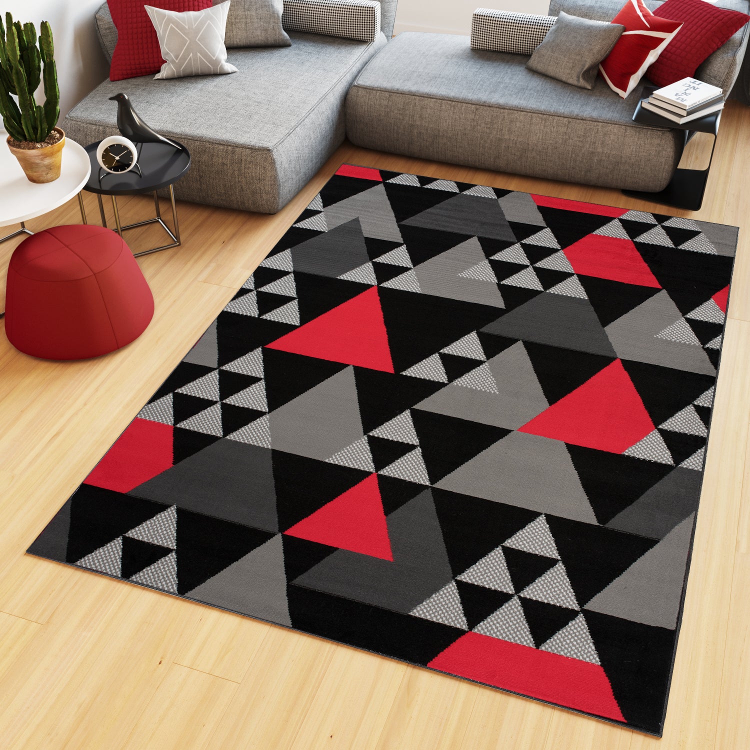 TAPISO Maya Tapis Salon Rouge Gris Noir Triangles Géométrique Mosaïque ...