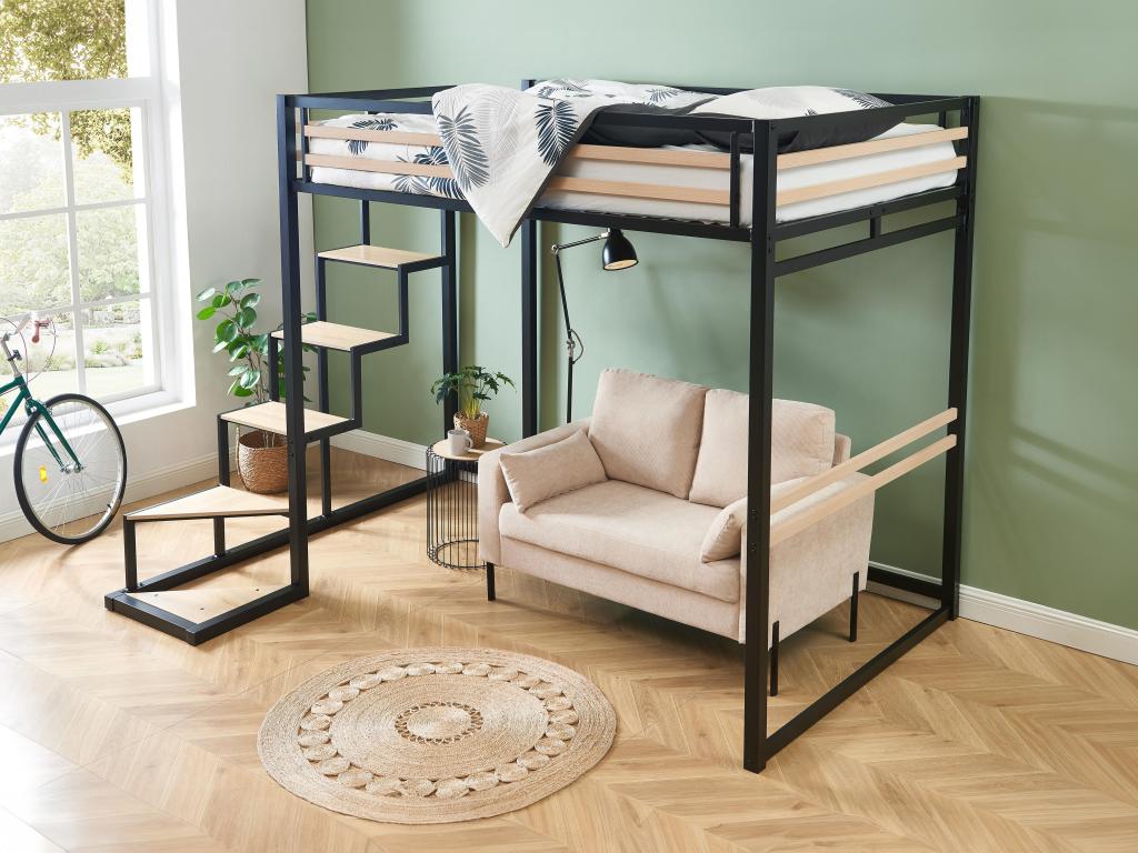 Lit mezzanine 140 x 200 cm - Métal et MDF - Noir et naturel - JOGUI ...