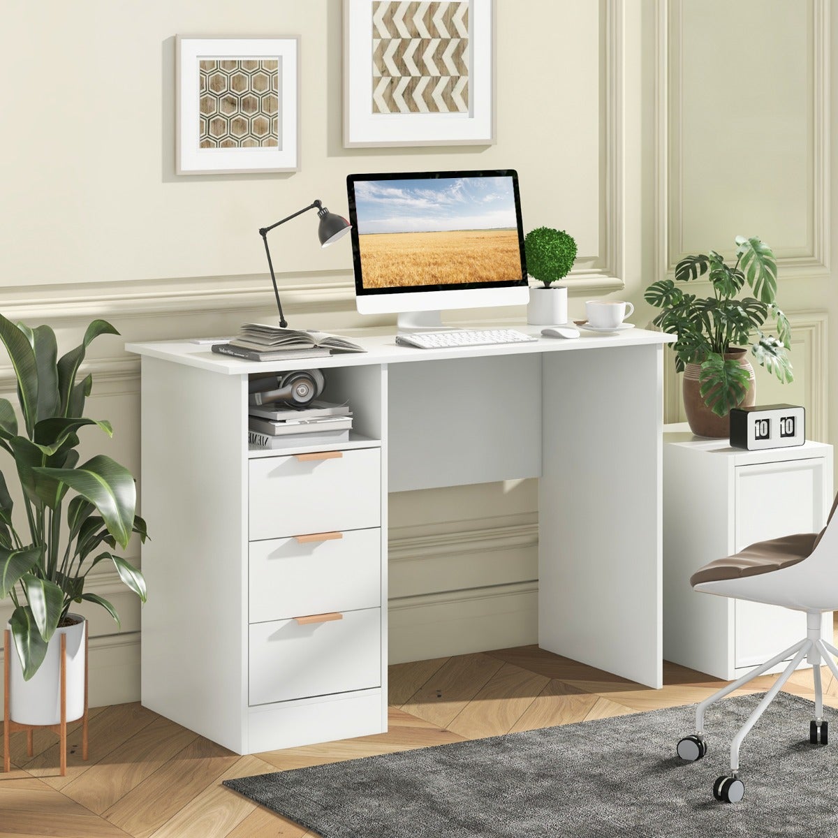 Bureau 105 cm avec Station de Charge, 3 Tiroirs, Étagère Ouverte ...