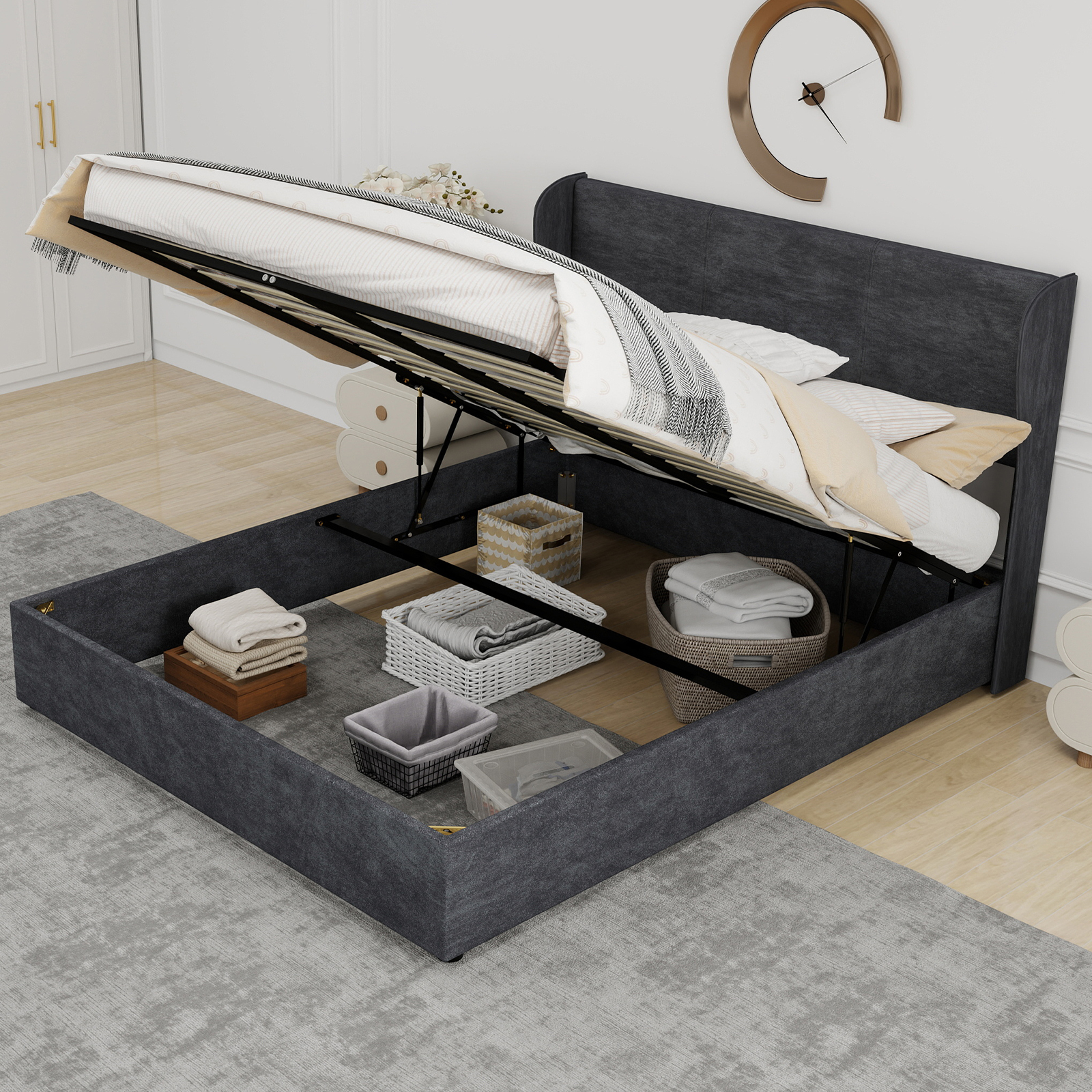 Lit double 160x200cm design moderne base coffre avec pistons tissu et ...