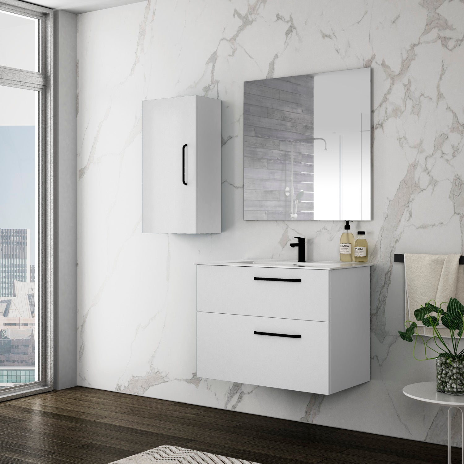 Mueble de Baño suspendido con tapa y Lavabo Cerámico | 60 cm | 2 cajones con Cierre Amortiguado ...