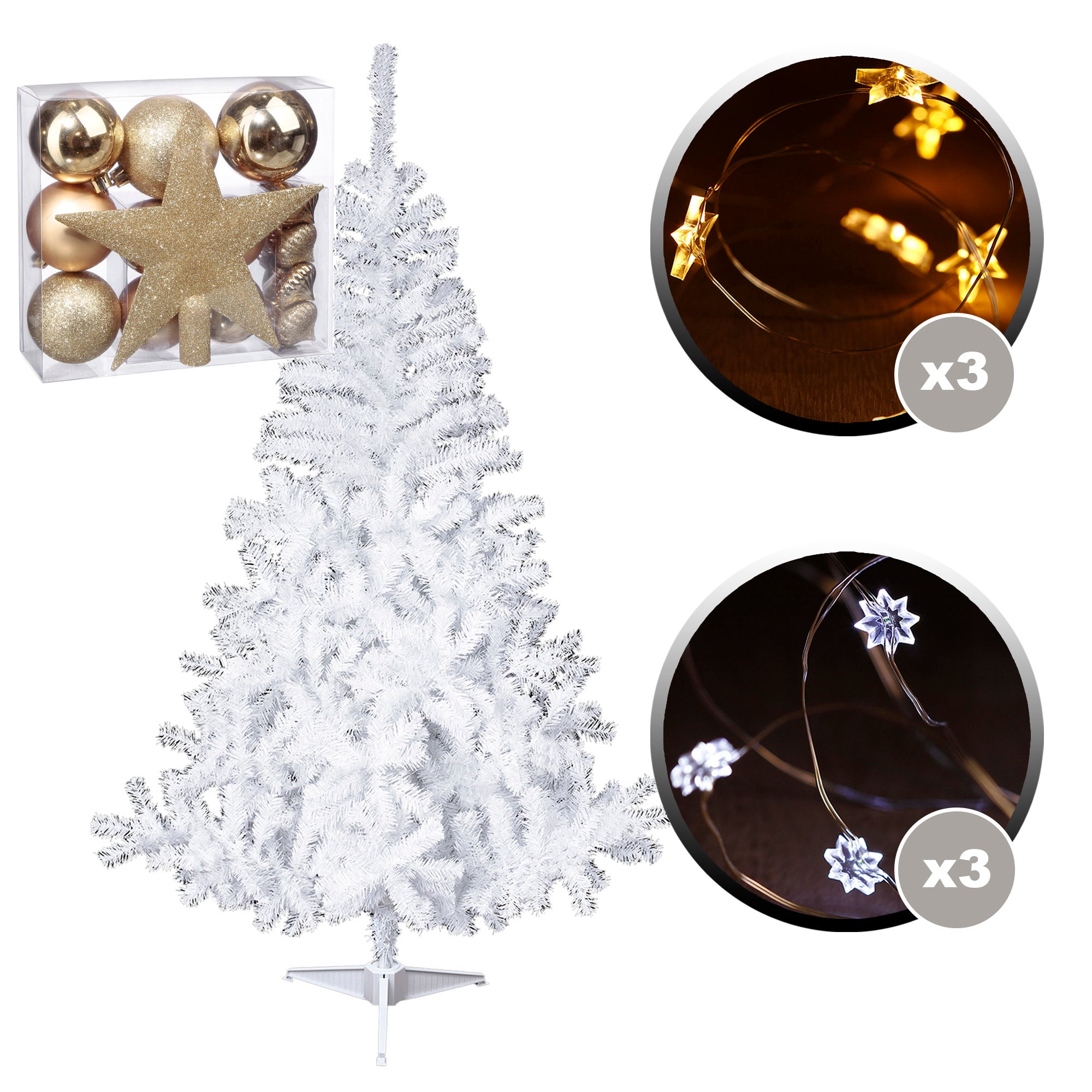 Sapin de Noël blanc 150cm + 18 pcs décoratives dorées + 6 guirlandes en ...