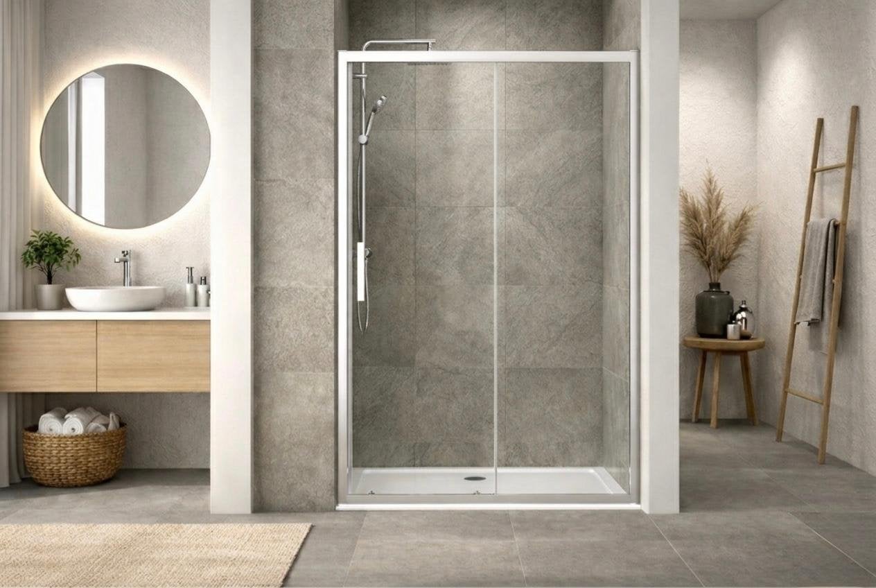 Cabina de ducha de nicho de 135 cm con puerta corredera y apertura ...