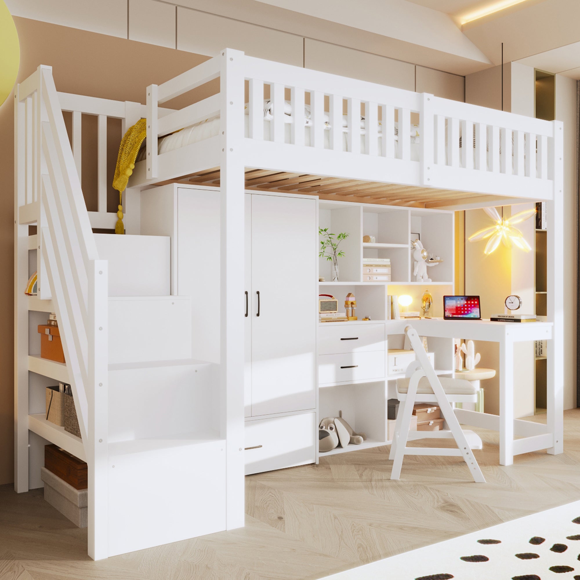 Lit mezzanine 90 x 200 cm avec armoire, bureau et 3 tiroirs - Bois de ...