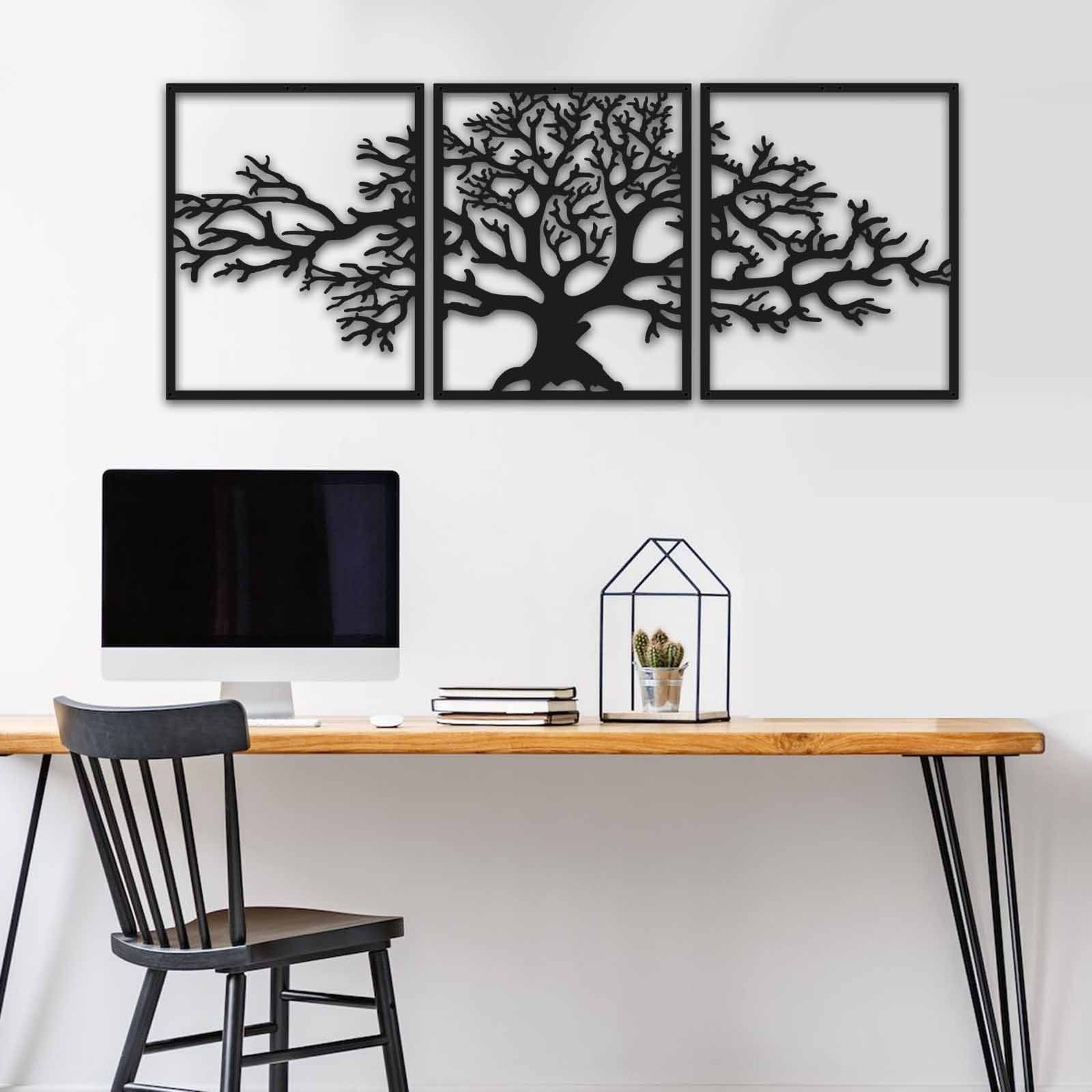 Set de 3 cadres triptyques grande arbre Kyoton L124xH49cm Métal Noir ...