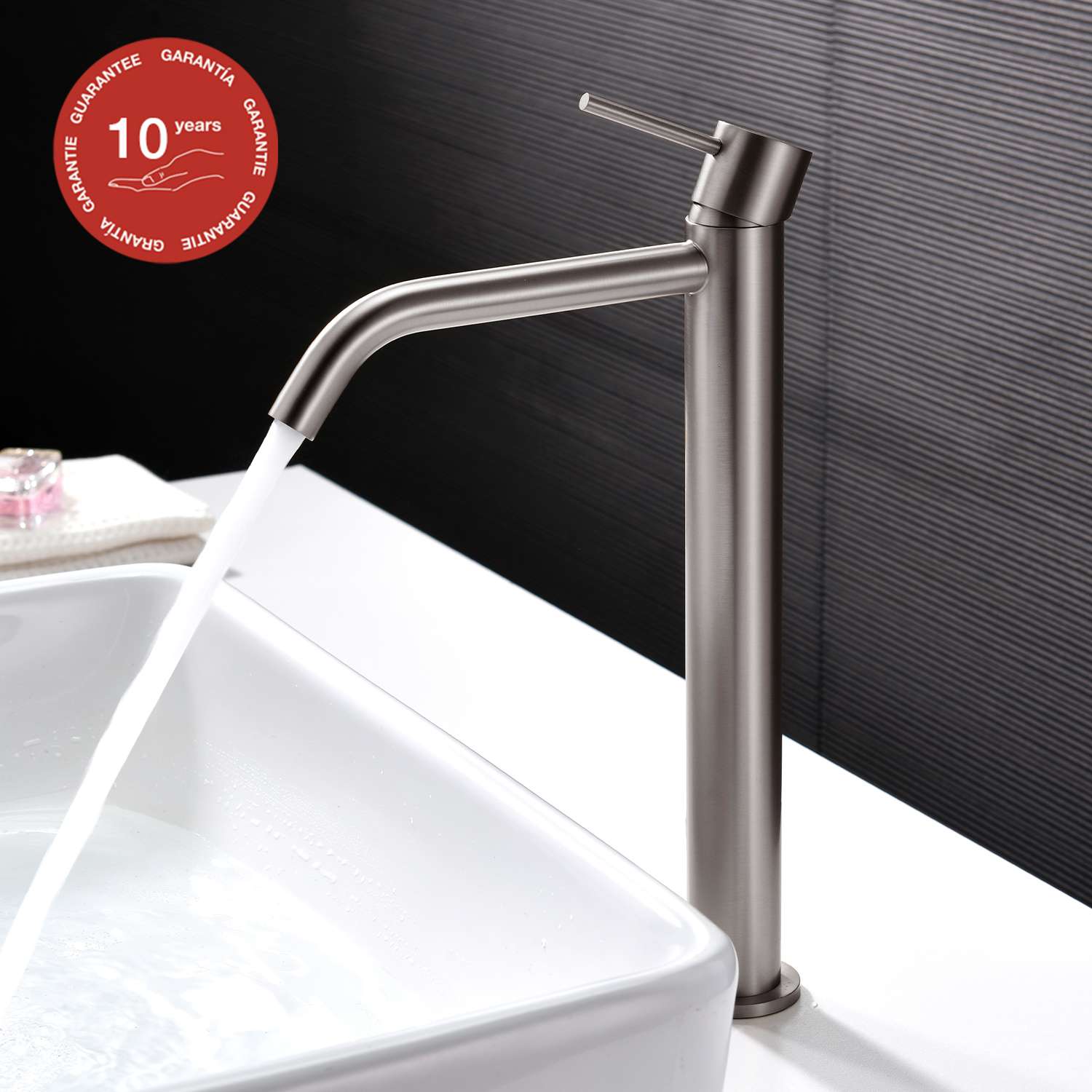 Mitigeur de lavabo bec haut SKY BATH nickel brossé PVD Inox S304 série Promise | Leroy Merlin