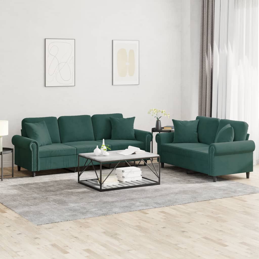 Ensemble de canapés 2 pcs avec coussins vert foncé velours | Leroy Merlin