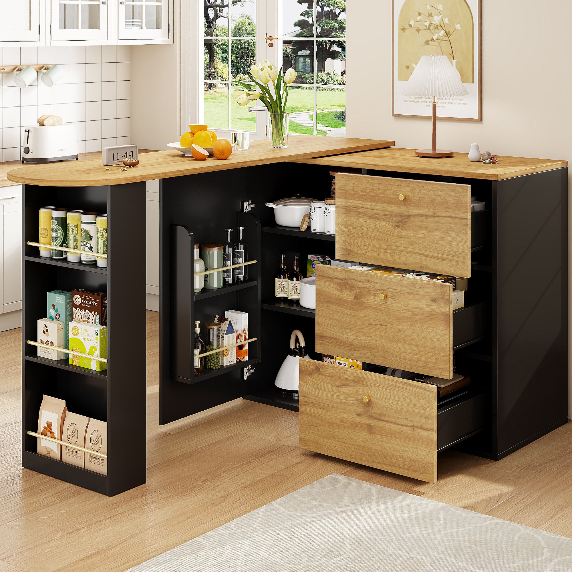 Table de bar 138-204x39x104cm avec grand rangement, design moderne, MDF ...