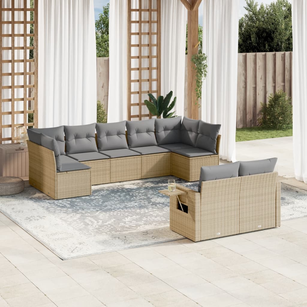 Muebles de jardín con cojines 9 piezas resina tejida beige | Leroy Merlin