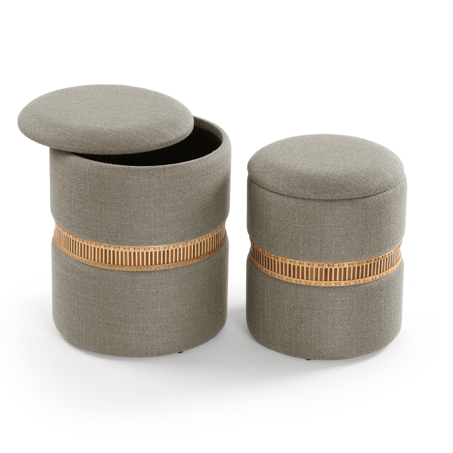 Versa Set de 2 Poufs Rangement Gris Anneau Bambou, Style Moderne ...