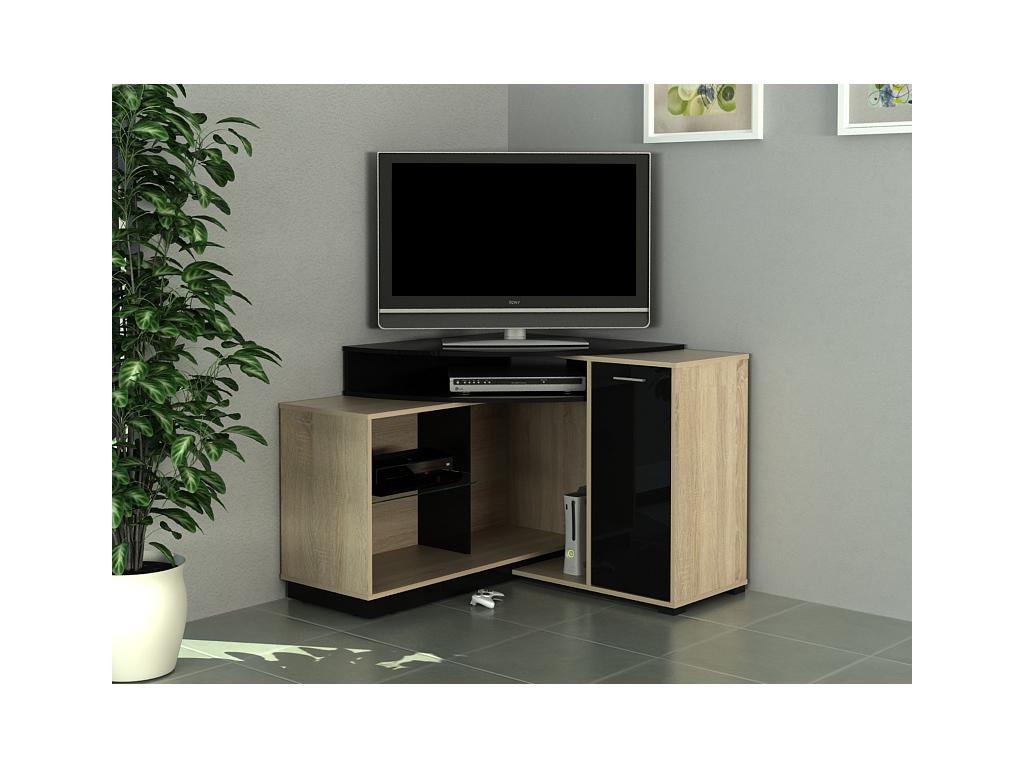 Meuble TV d'angle avec rangements - Coloris chêne et noir - AMAEL ...
