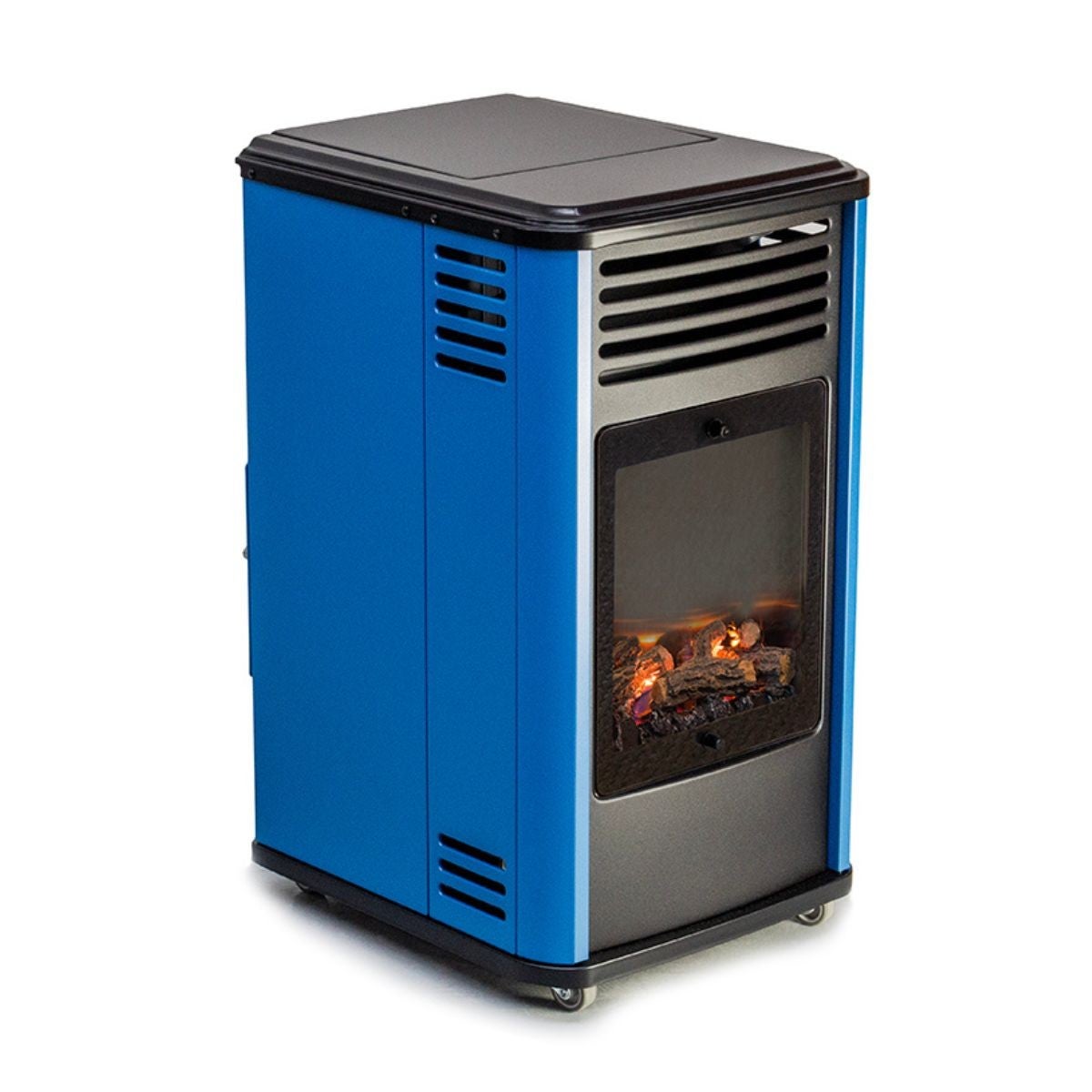 Poêle à gaz 3,4KW Bleu et Noir - Chauffage d'appoint effet Feu de bois ...