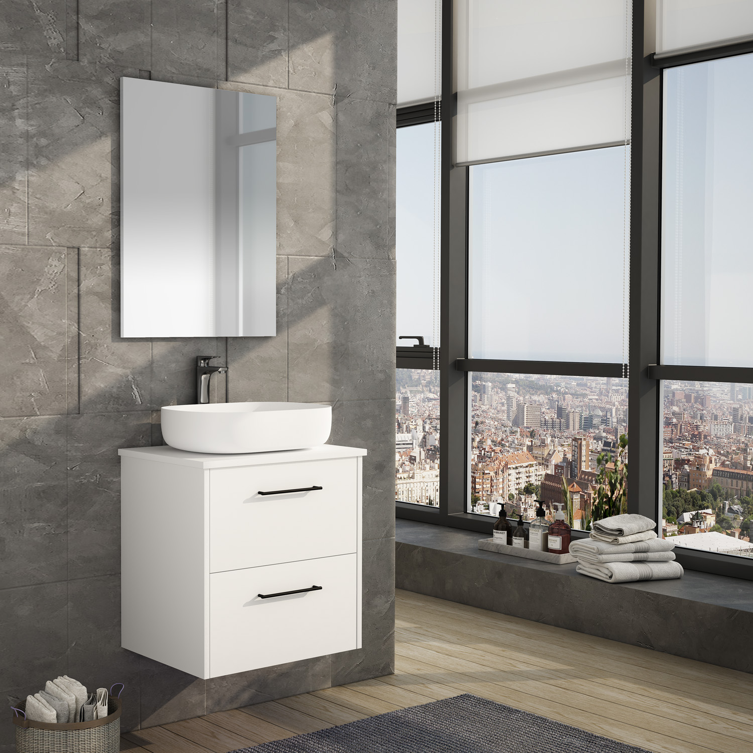 Mueble de Baño suspendido con tapa y Lavabo Cerámico y espejo | 80 cm | 2 cajones con Cierre ...