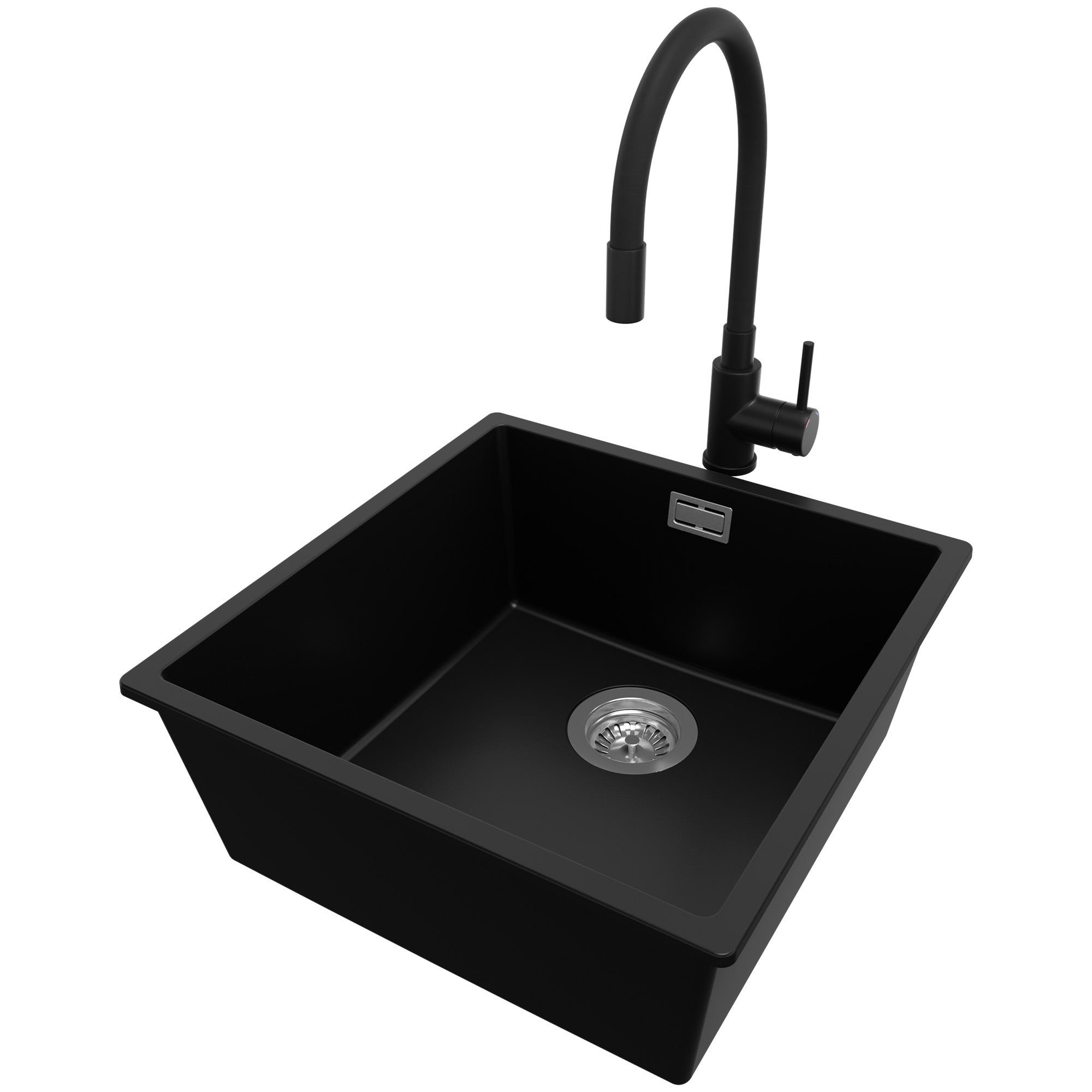 Evier Sous Plan Noir 46x47cm, Evier en Granit 1 bac + Robinet 40x38cm ...