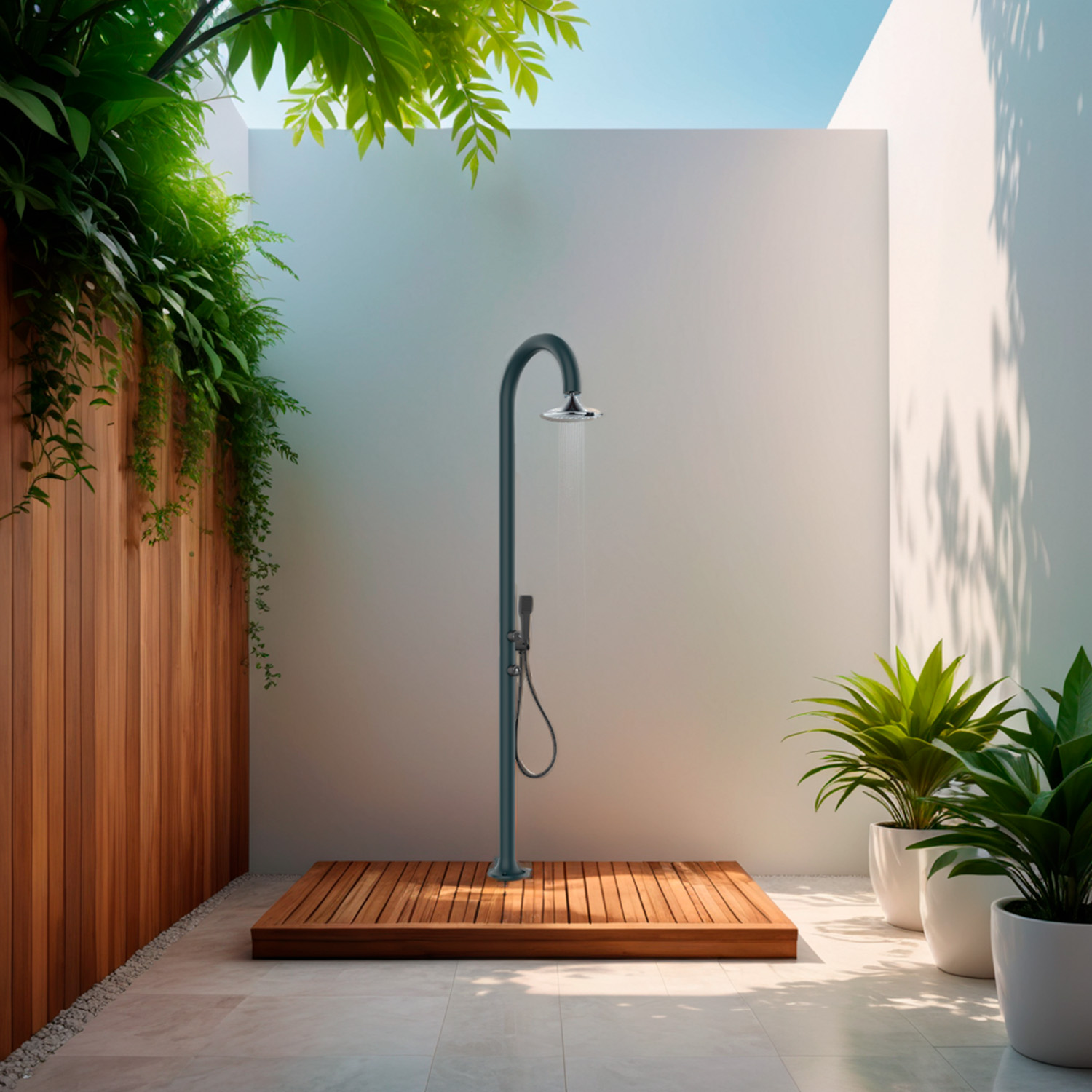 Douche extérieure grise en aluminium, avec pomme de douche sensorielle ...