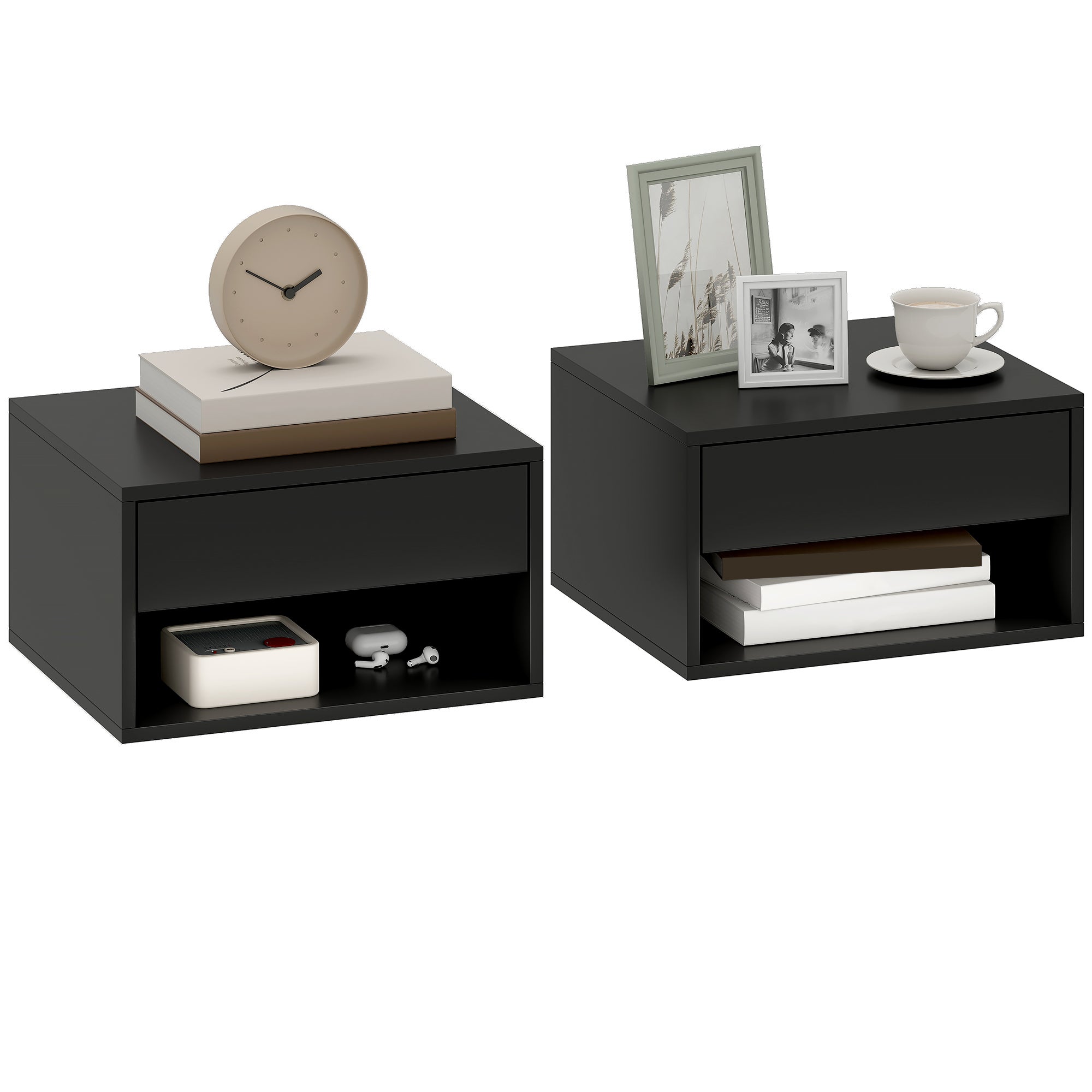 Lot de 2 tables de chevet murales, tables de nuit, tiroir, compartiment ...