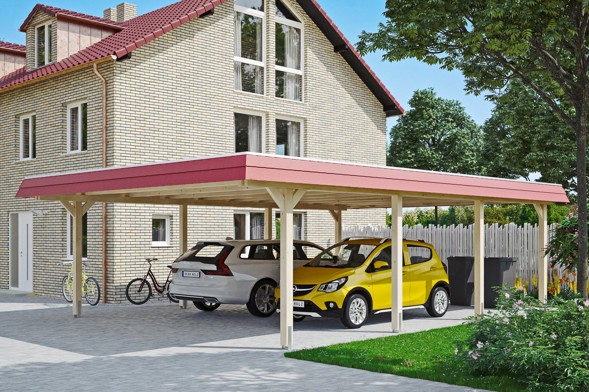 Carport bois SKAN HOLZ Wendland 630x879cm, toit en aluminium, bandeau rouge, bois lamellé-collé ...