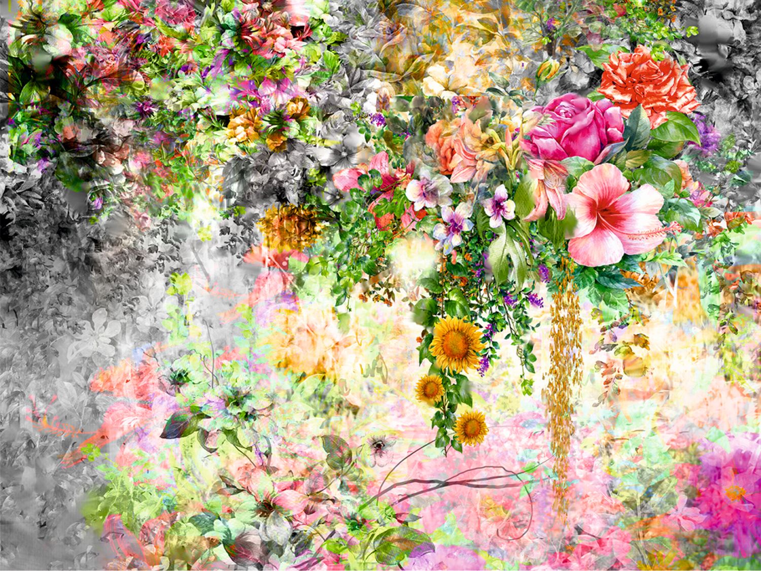 Fotomural flores gris, rosa y verde - 375 x 270 cm - Sanders & Sanders ...