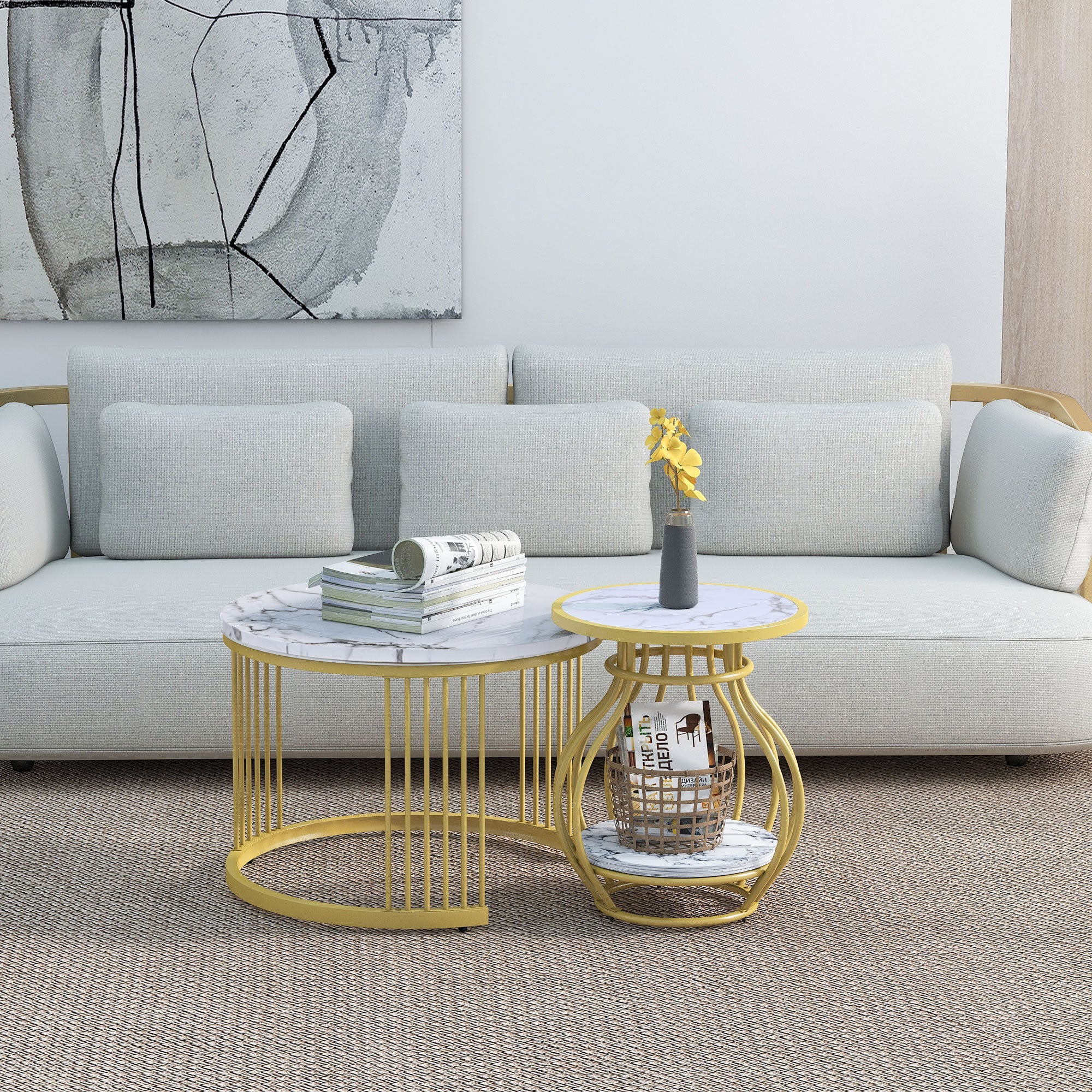 Lot de 2 tables basses rondes de salon - métal & MDF - tables gigognes ...