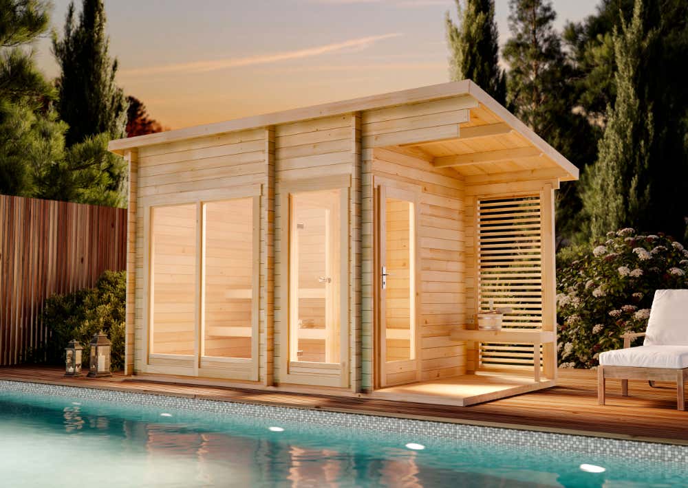 Sauna extérieur Lizzy M FinnTherm, 4.3x2.5m dim. ext. (cas échéant incl ...