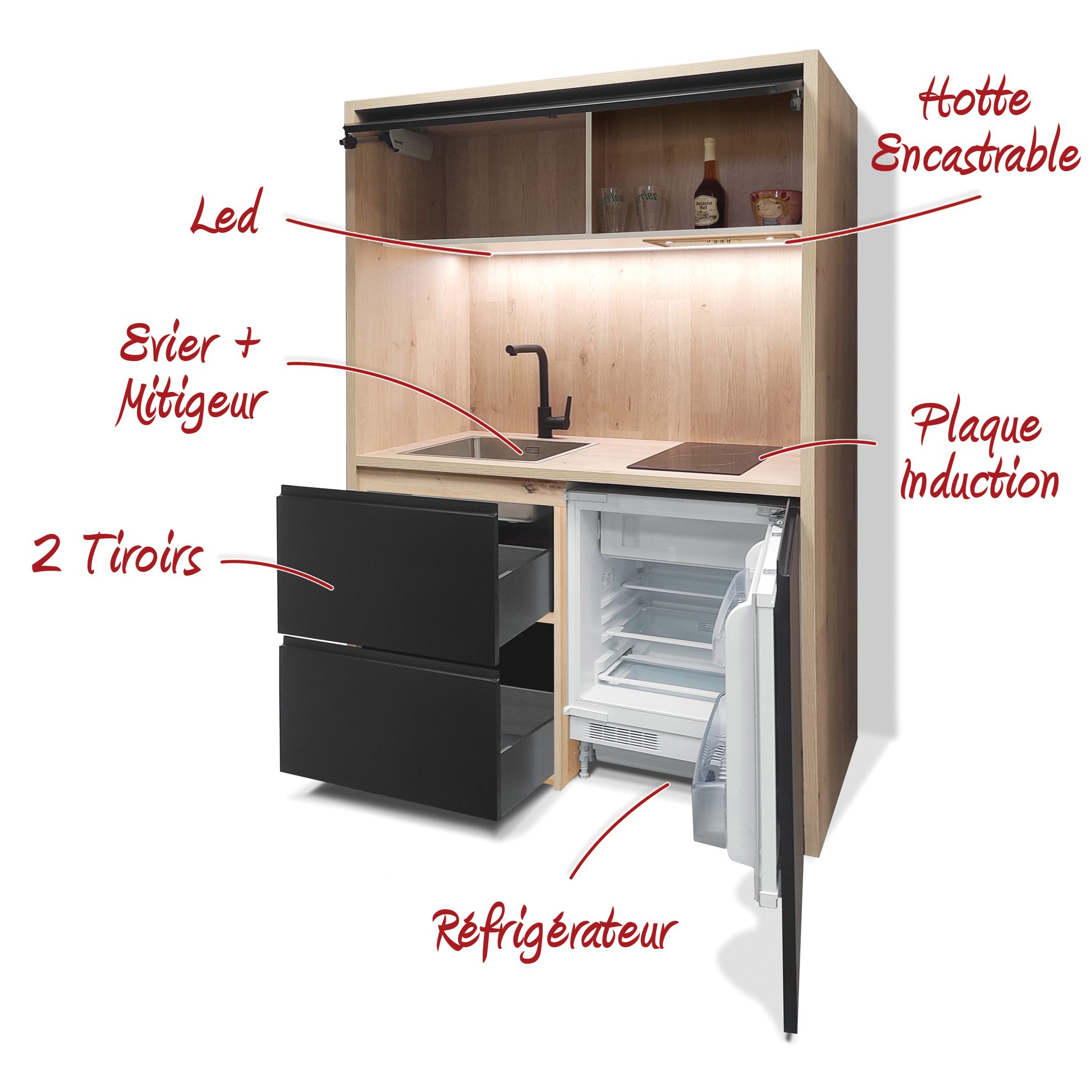 Kitchenette / Mini-Cuisine ARCHE 126cm Noire VALINO - INCLUS : Plaque ...