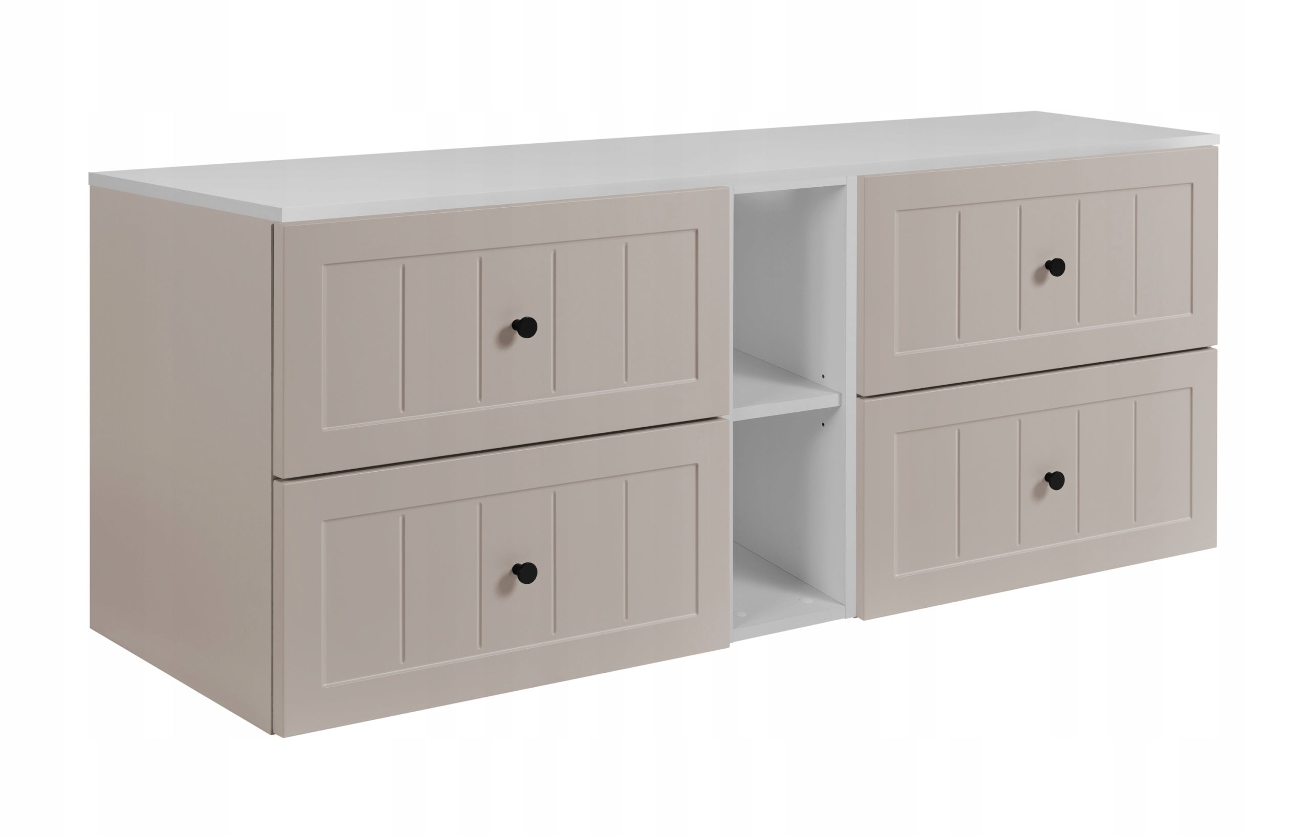 Meuble sous-vasque 140 cm cachemire blanc façades fraisées MDF poignées ...
