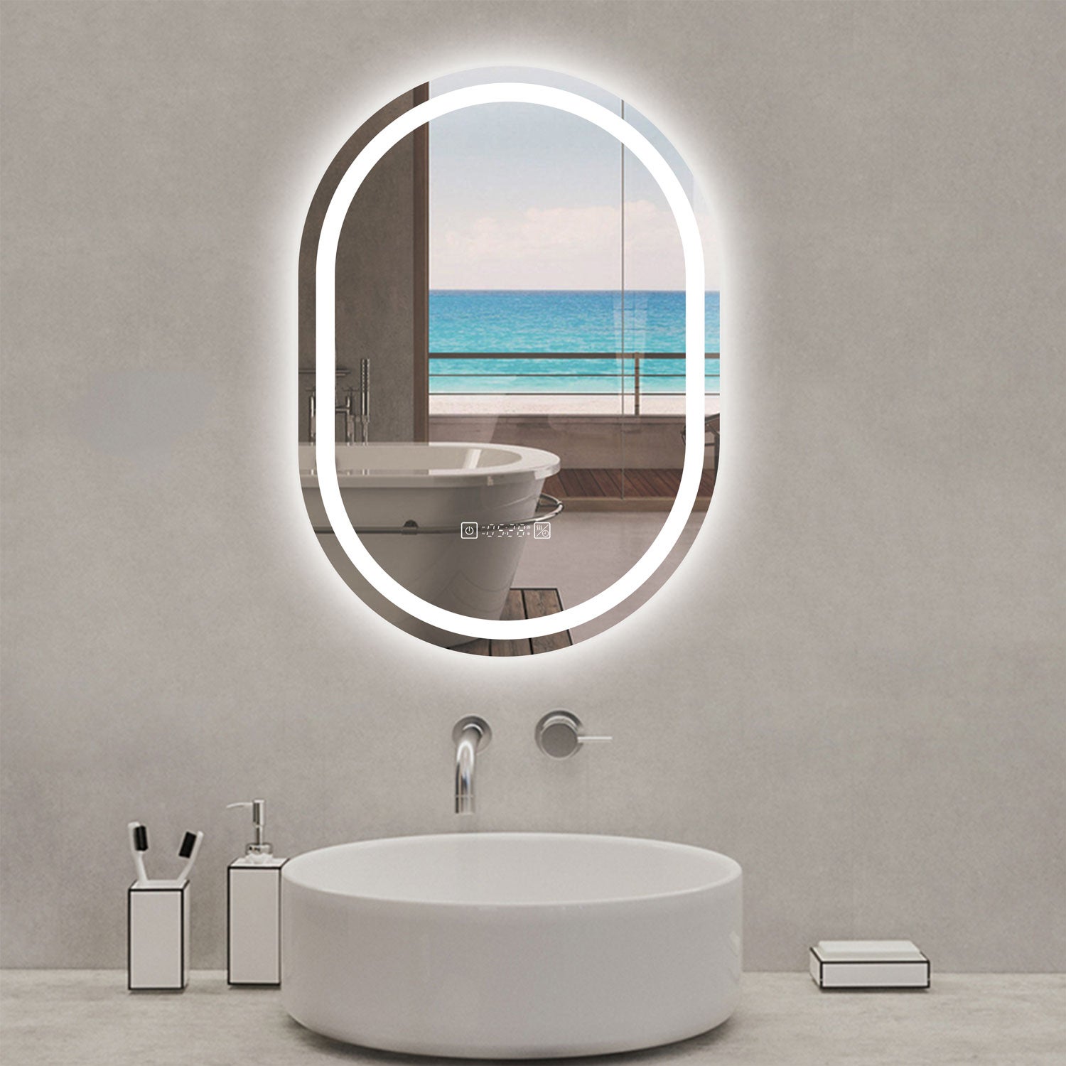 Espejo de baño LED 50×70cm,reloj,antivaho,luminosidad regulable,ovalado ...
