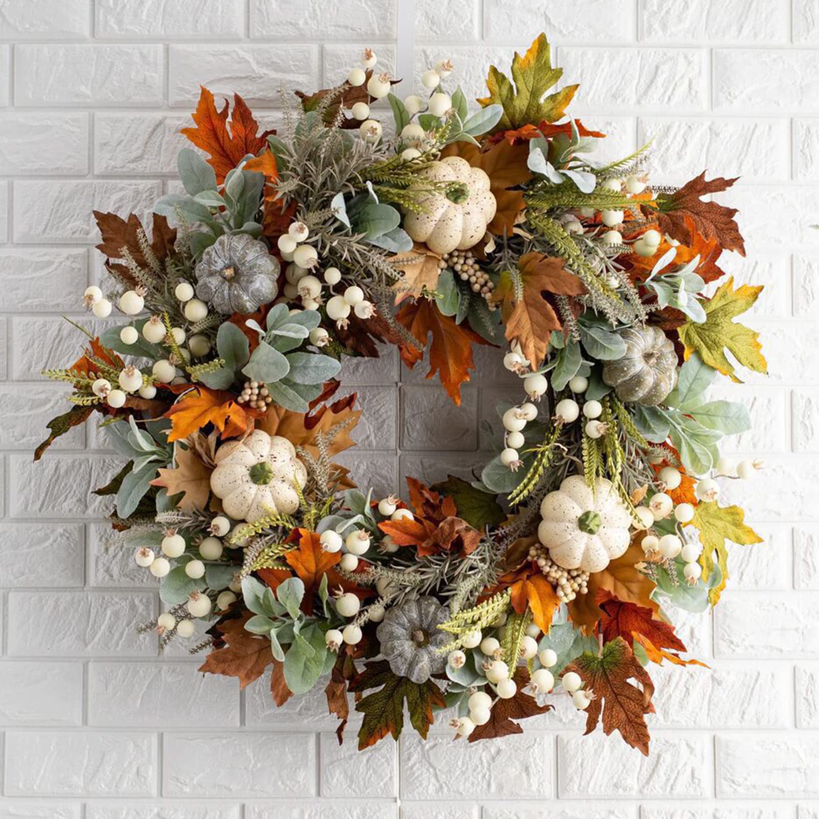 Corona de calabaza otoñal con hojas de arce y blanco, corona de ...