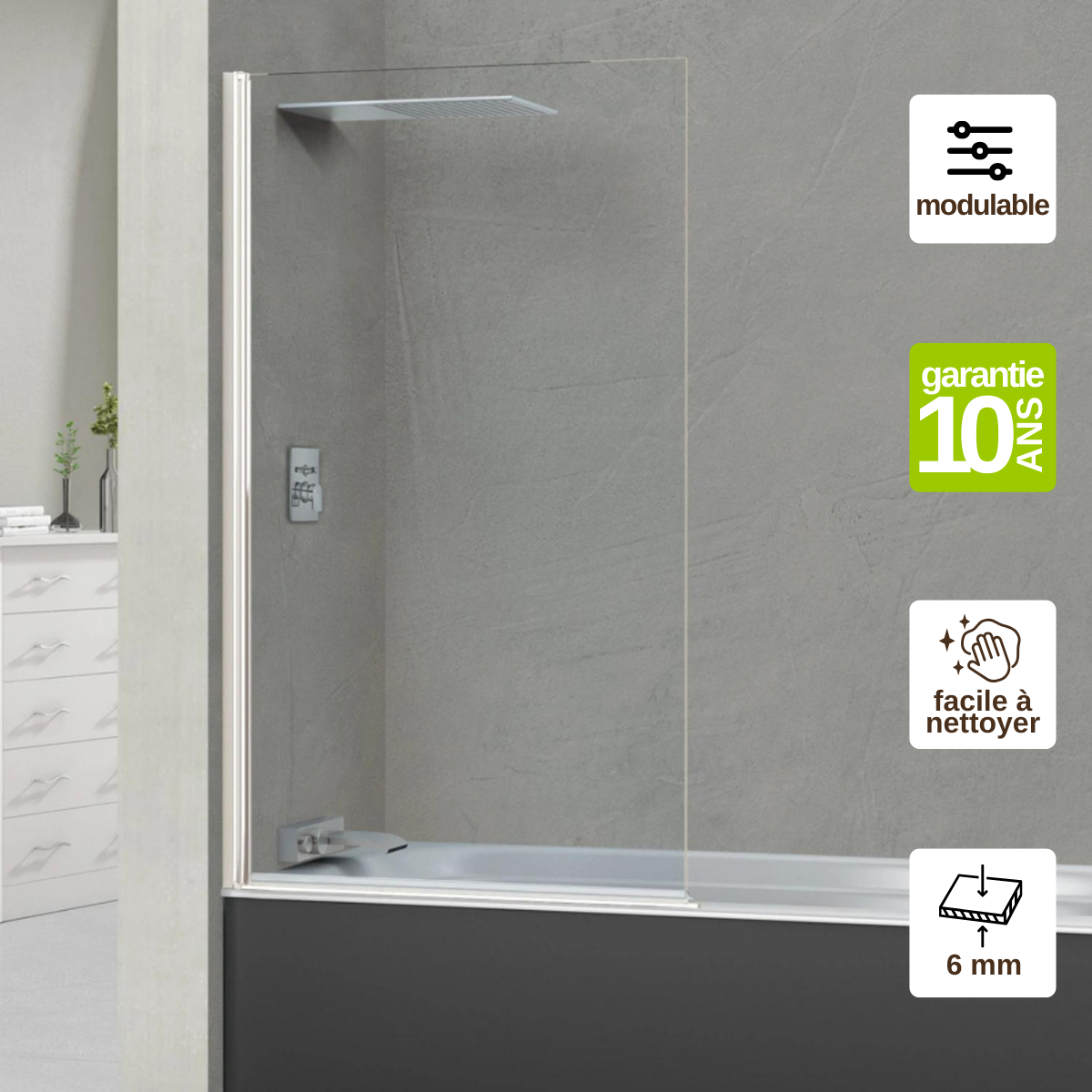 Pare Baignoire Pivotant droit en verre Trempé transparent ép 6mm anti ...