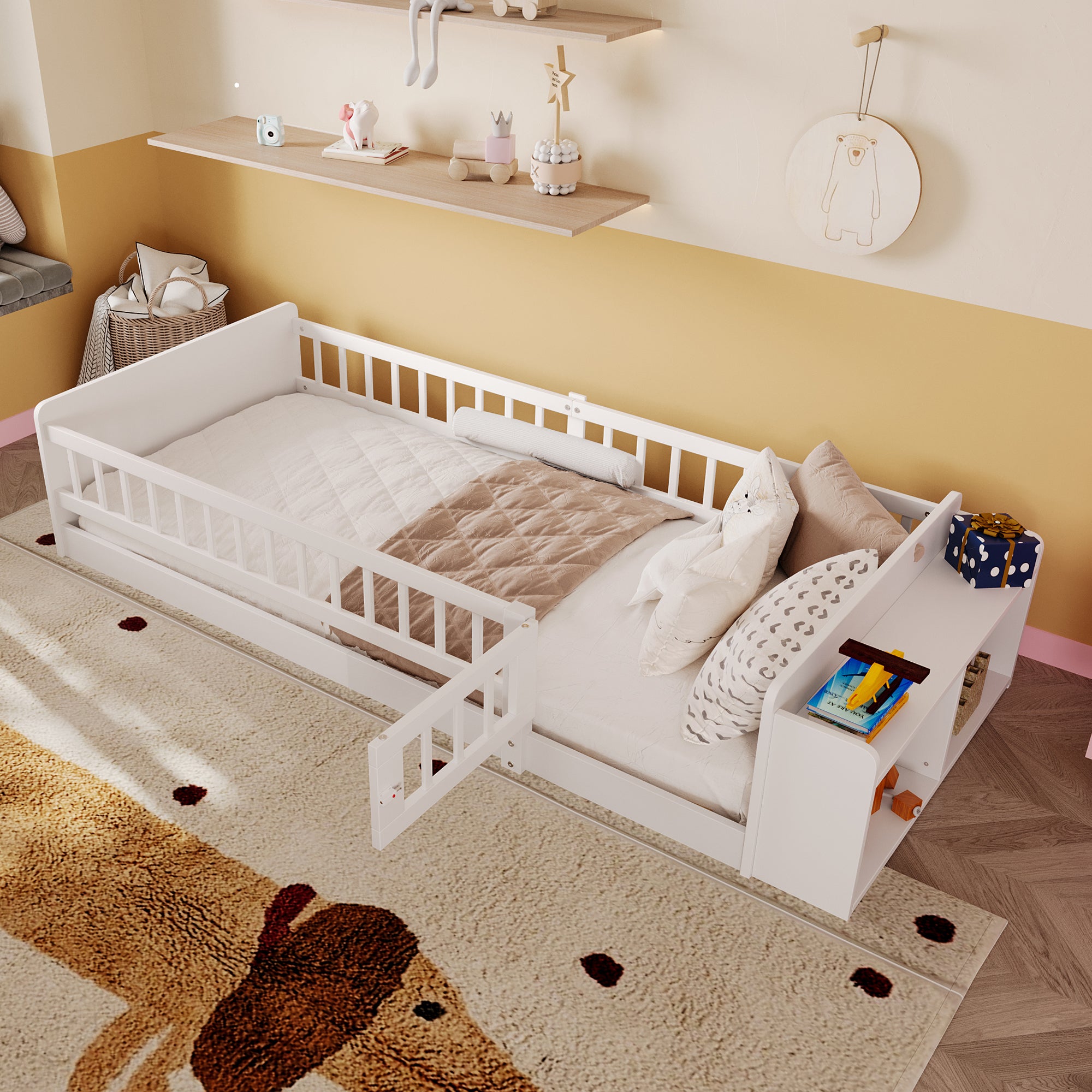 Lit de sol 90 x 200 cm, lit enfant avec rangements ouverts, porte ...