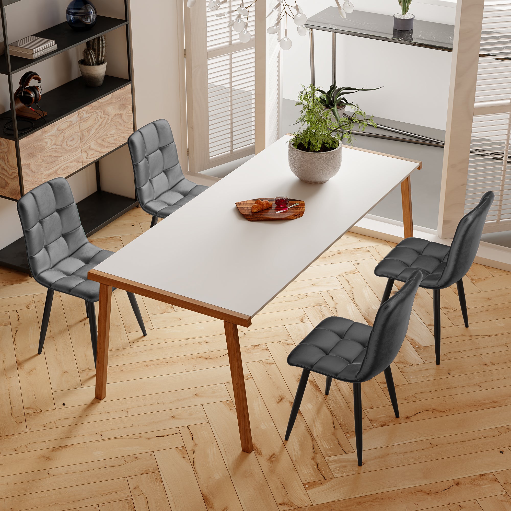 Lot de 4 Chaises de Cuisine Gris Patte Metal Siege Rembourre en Tissu ...