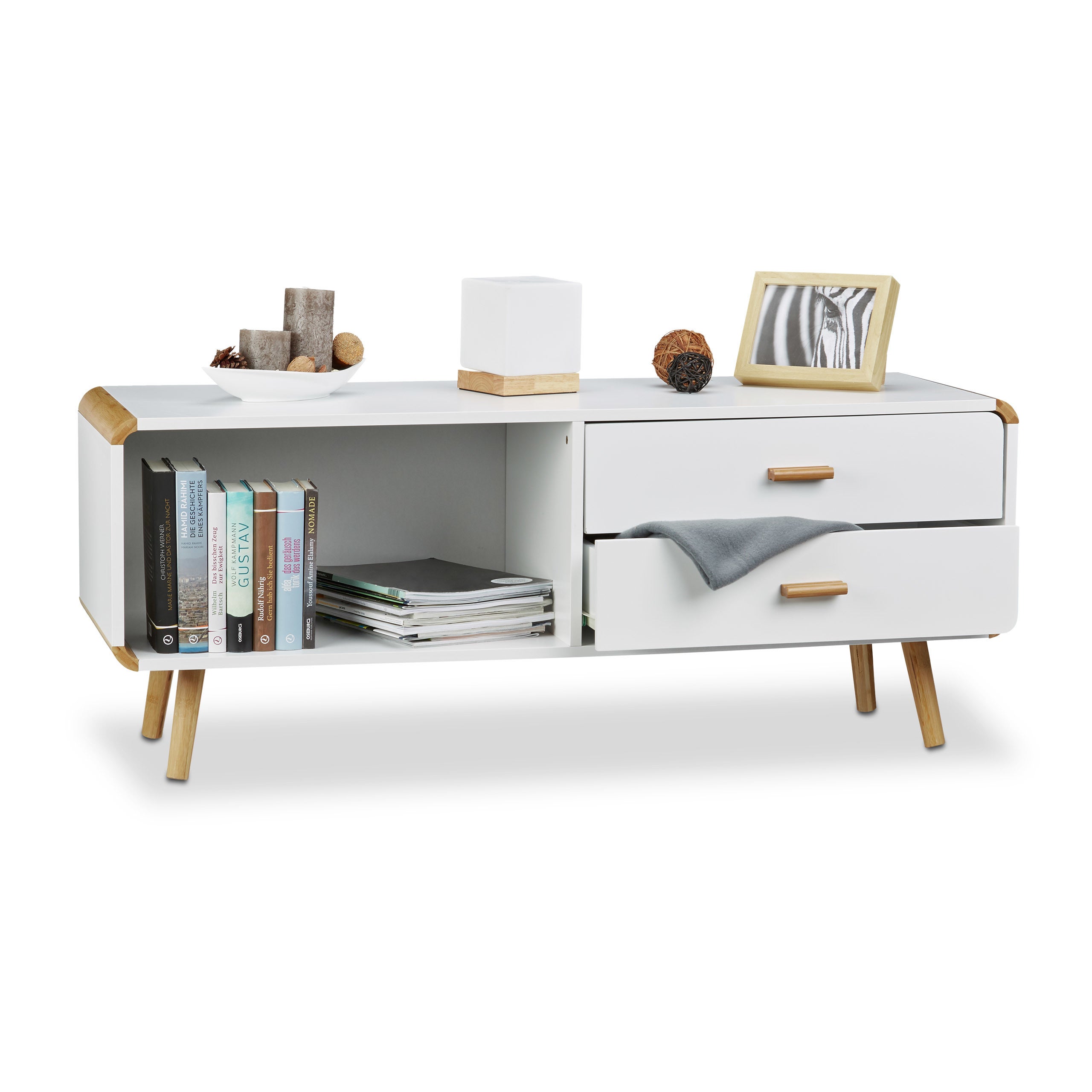 Relaxdays Commode Lowboard coins arrondis en blanc meuble TV buffet ...
