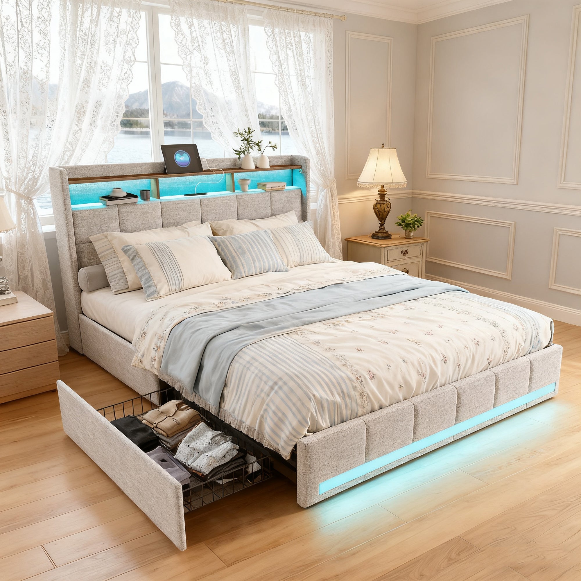 Lit 160x200 cm avec LED et 4 tiroirs, lit double avec port USB et Type ...