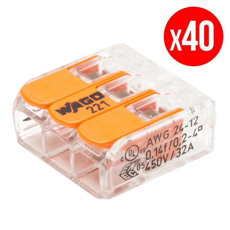 Pack de 40 bornes de connexion rapide a levier WAGO 3 entrées fil ...