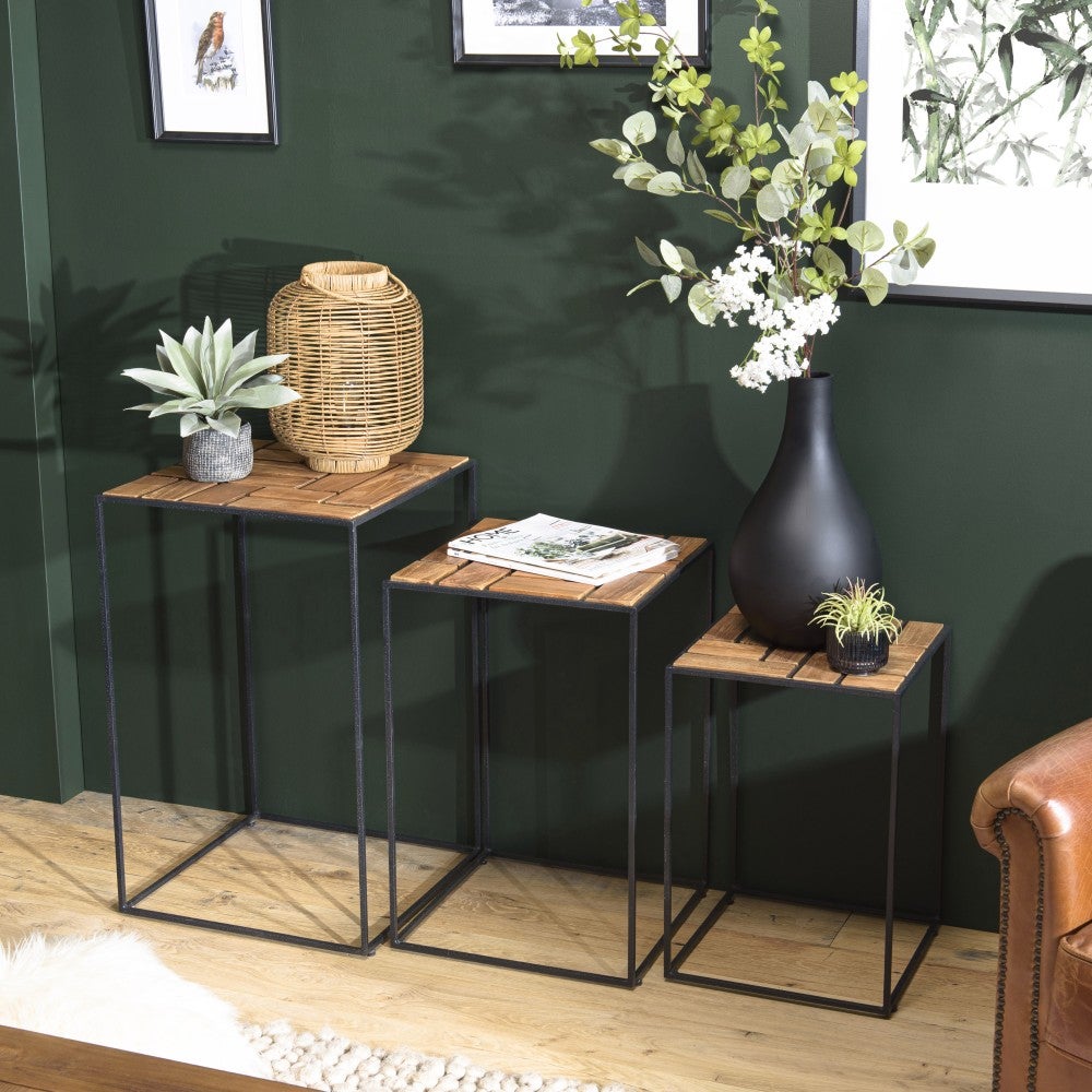 SIXTINE - Set de 3 tables d'appoint gigogne plateaux bois teck recyclé ...