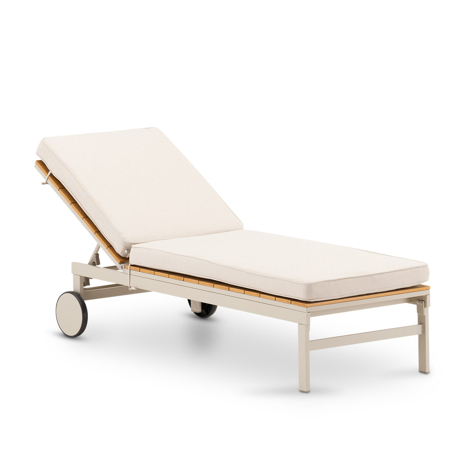 Bain de soleil en alu beige avec coussin et lattes en imitation bois ...