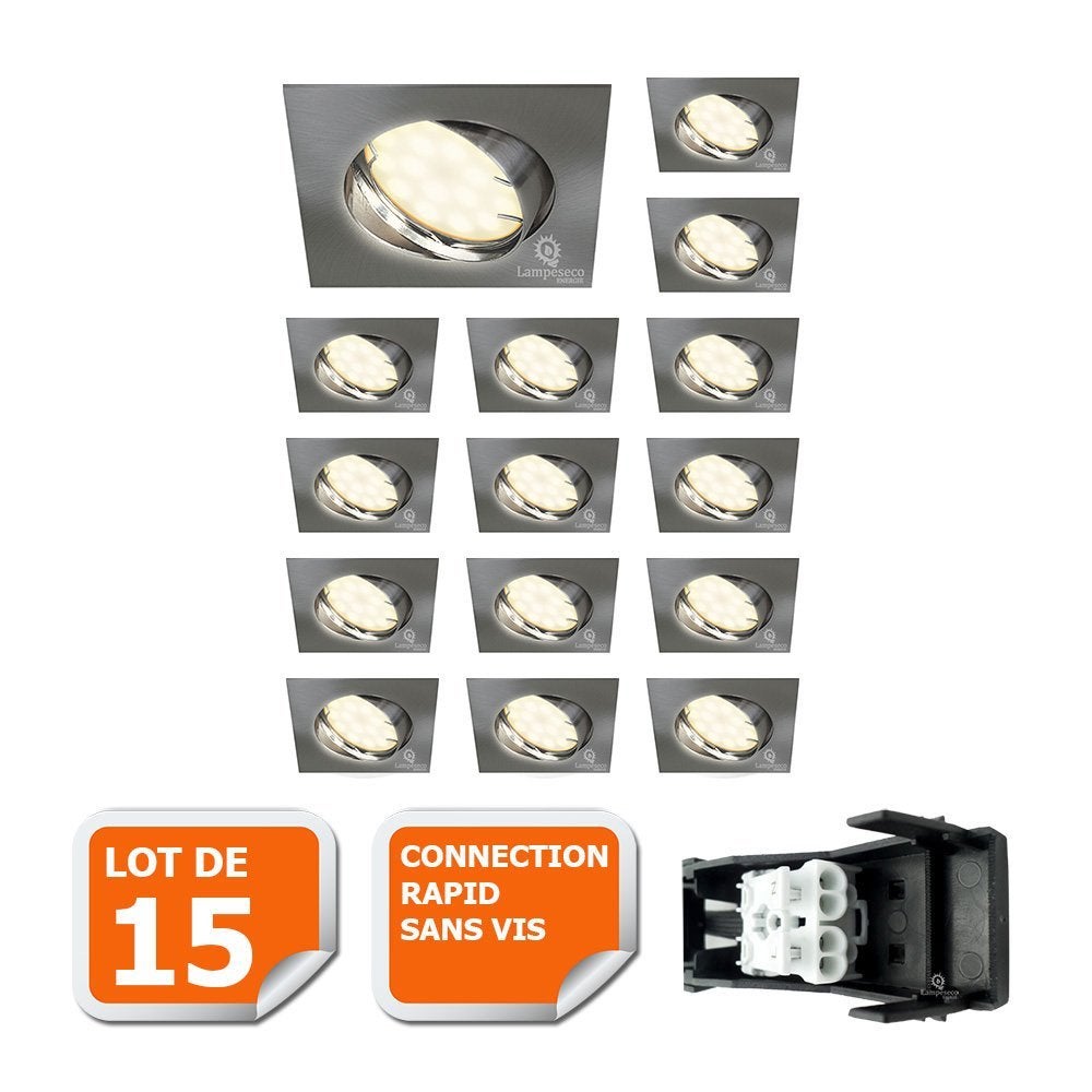 Lot De 15 Spot Encastrable Orientable Led Carré Alu Brossé Gu10 230v Eq