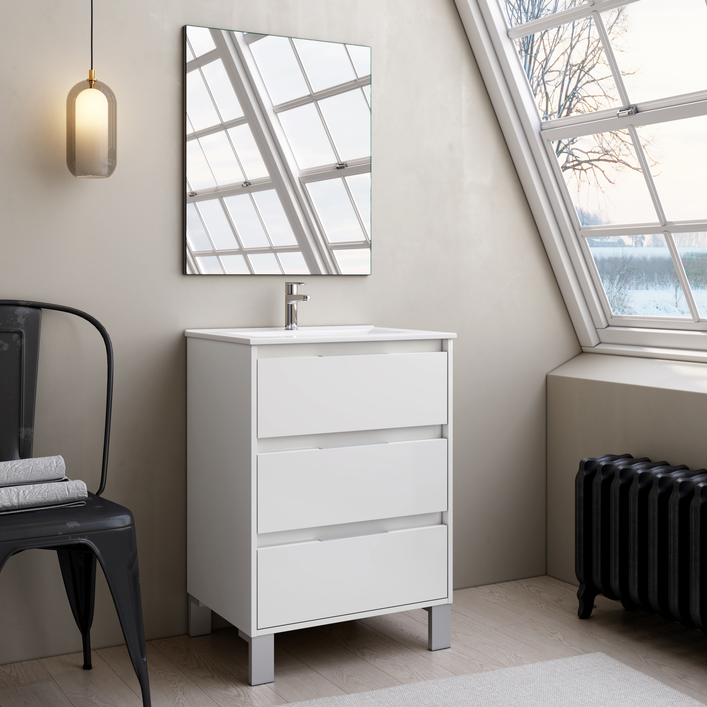 EGORE Meuble de salle de bain avec lavabo PISA 3 Tiroirs Blanc laqué ...