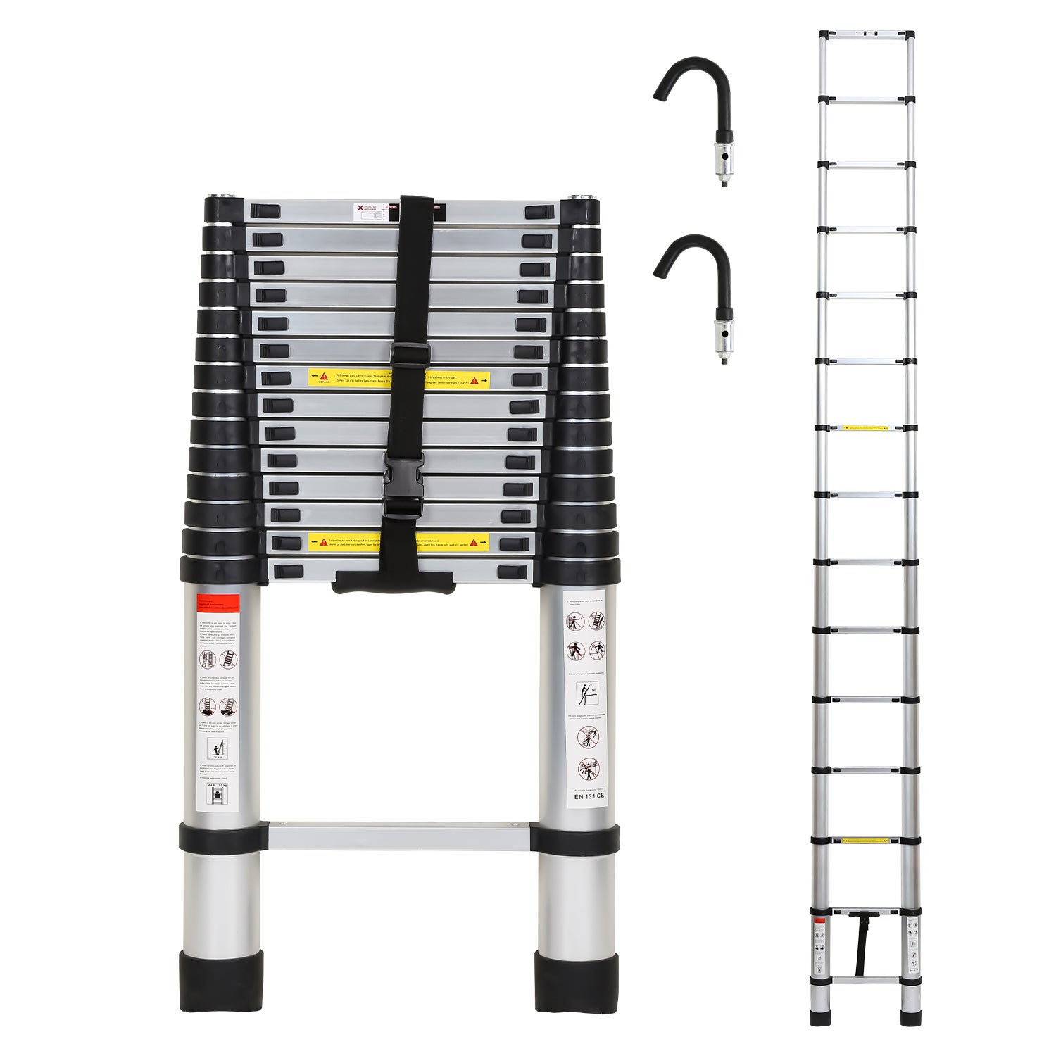 Escalera telescópica 4,4 m plateada + gancho de escalera de aluminio ...