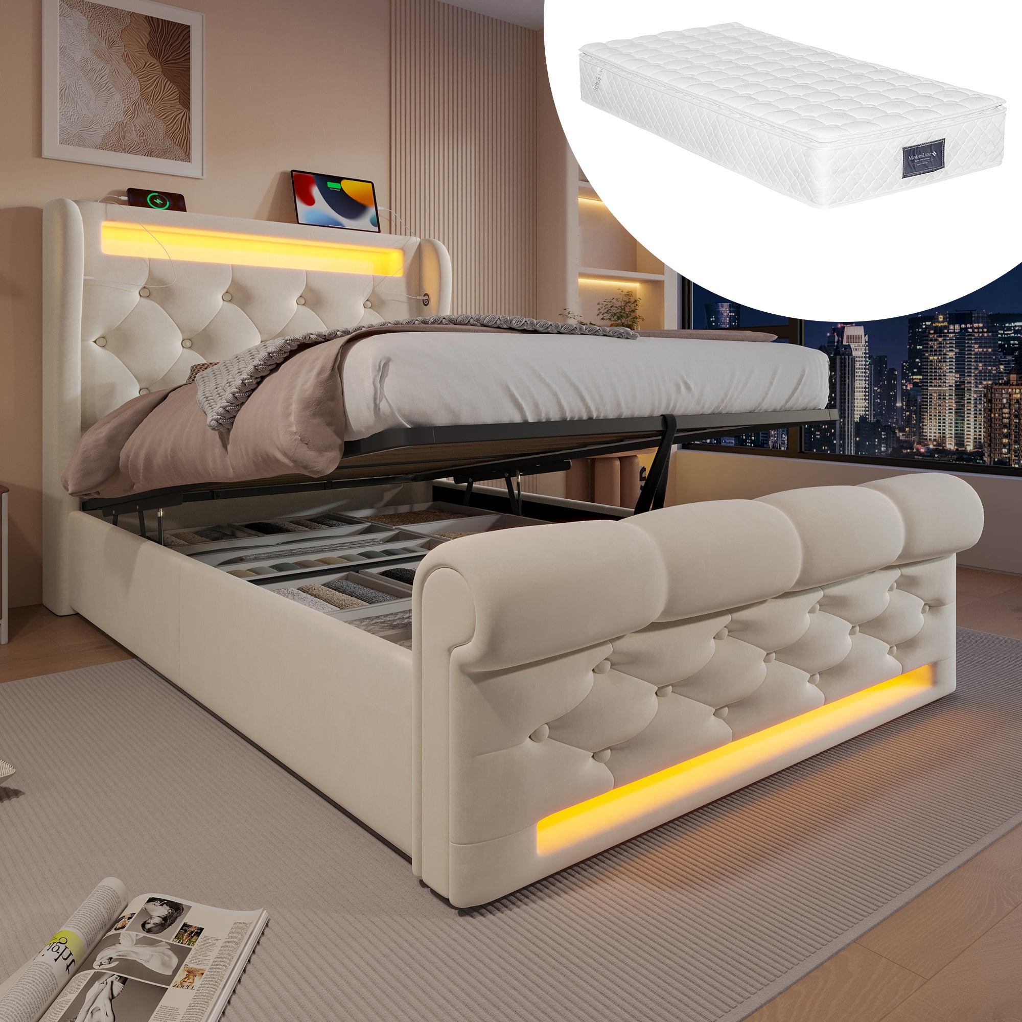 Cama individual de 90 x 200 cm con LED, almacenamiento/puerto USB ...