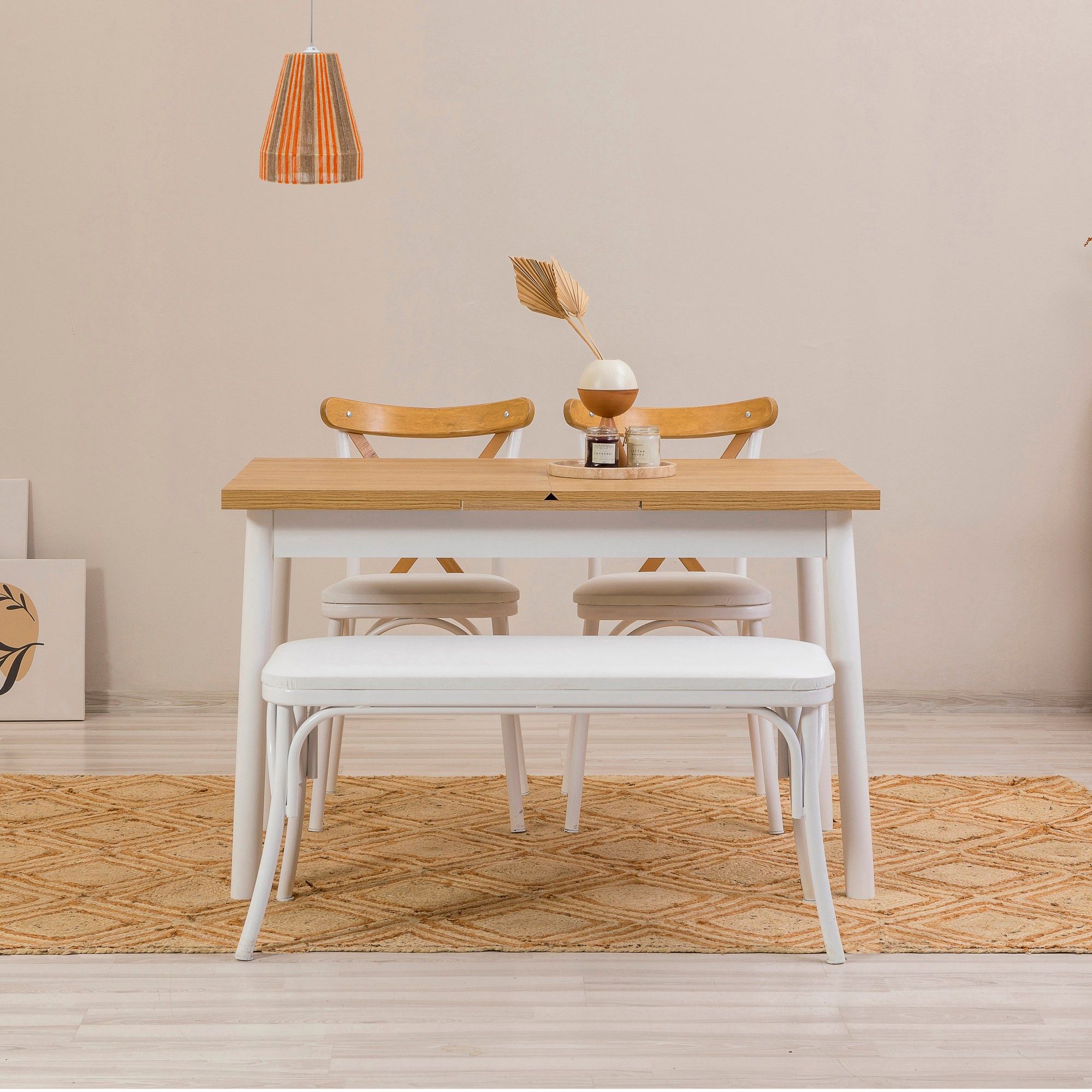 Ensemble 2 chaises, 1 banquette et 1 table extensible Iridus Blanc et ...