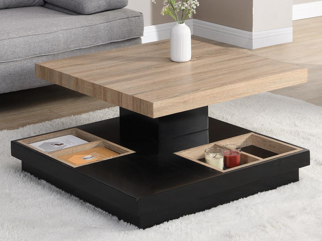 Table basse - Plateau pivotant - MDF laqué noir et naturel - FAUSTO ...