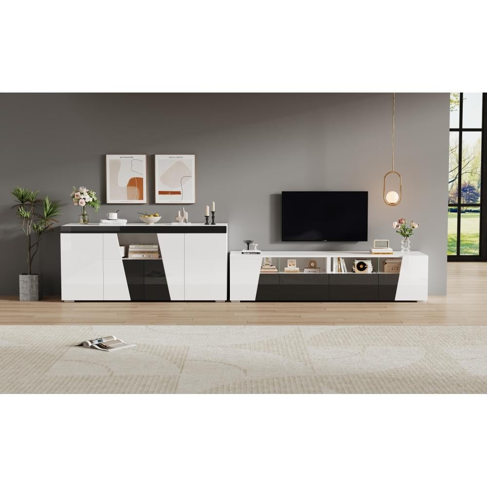 Mueble TV con aparador combinado 180 cm, acabado brillante blanco y ...