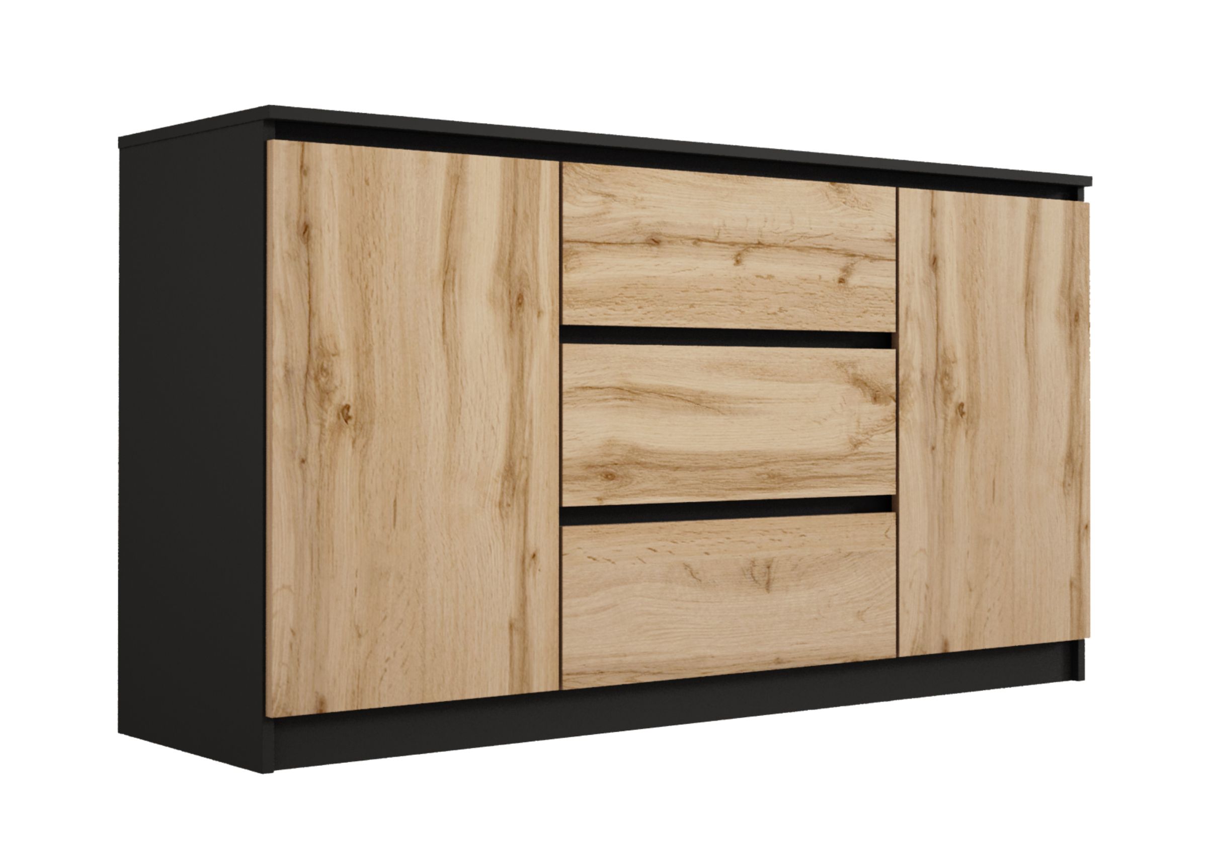 Commode : Noir Mat / Chêne Wotan, 140 x 78 x 39 cm, 3 tiroirs, 2 portes ...