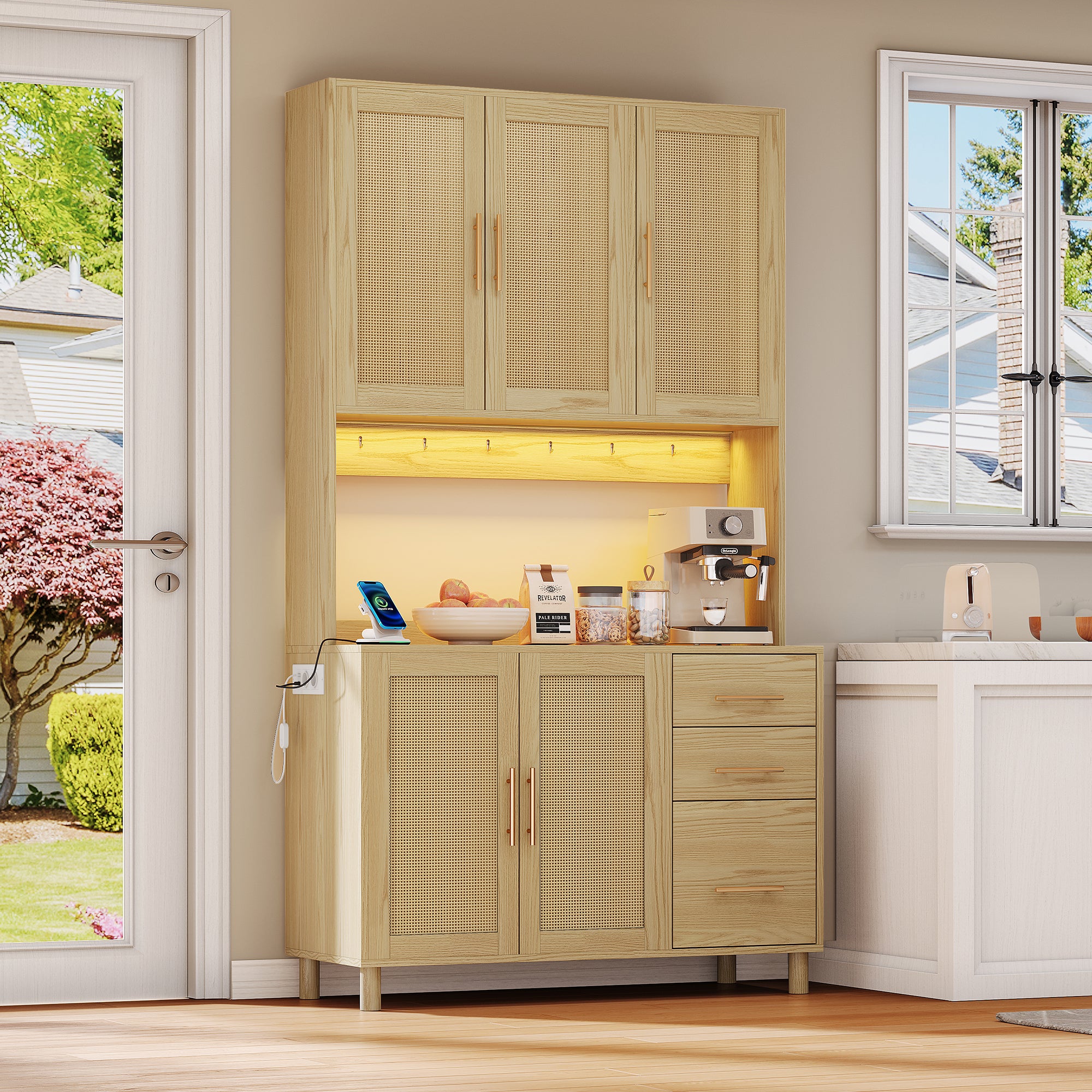 Buffets , Buffet Naturel avec Éclairage LED et Bluetooth, 3 Tiroirs, 2 ...