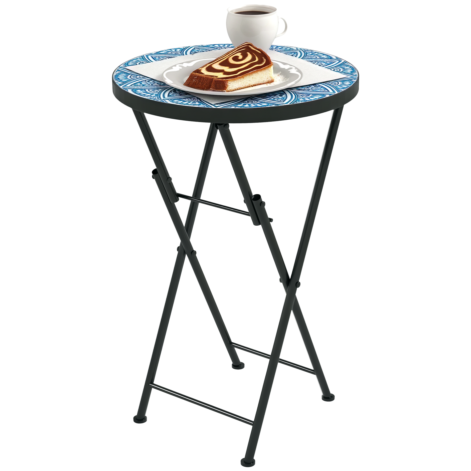 Table de jardin ronde pliable bleue plateau céramique mosaïque ...